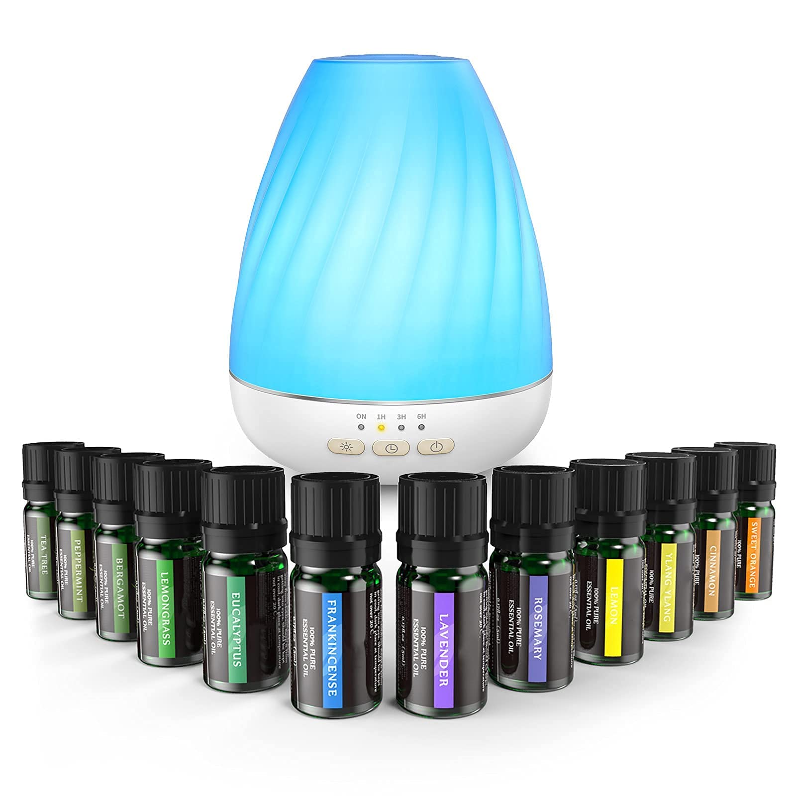 Essential Oil Diffuser & Top 12 Essential Oils Set, 200ml Aromatherapy Diffuser with 3 Timer & 7 Ambient Light Settings, Ultrasonic Diffusers for Essential Oils for Home -Lavender, Lemon and More