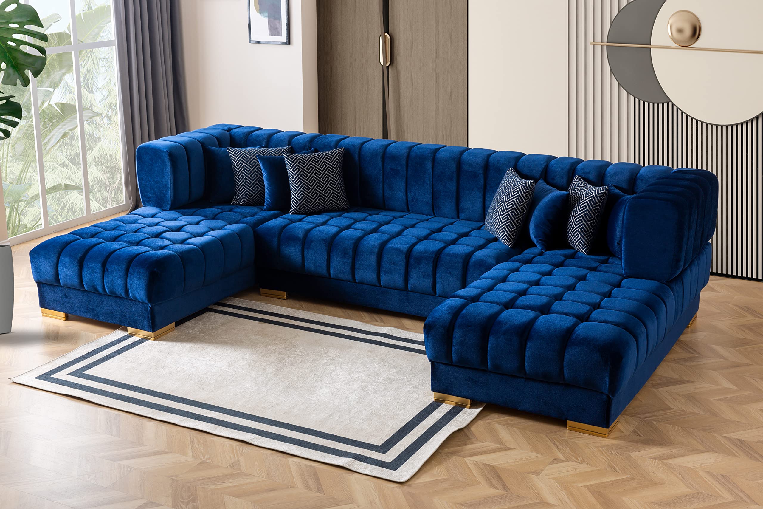 STAFFORA Sectional Sofa, Double Chaise Oversized U Shaped Couch, Ariana 7 Seater Velvet Sofa for Living Room (Blue)