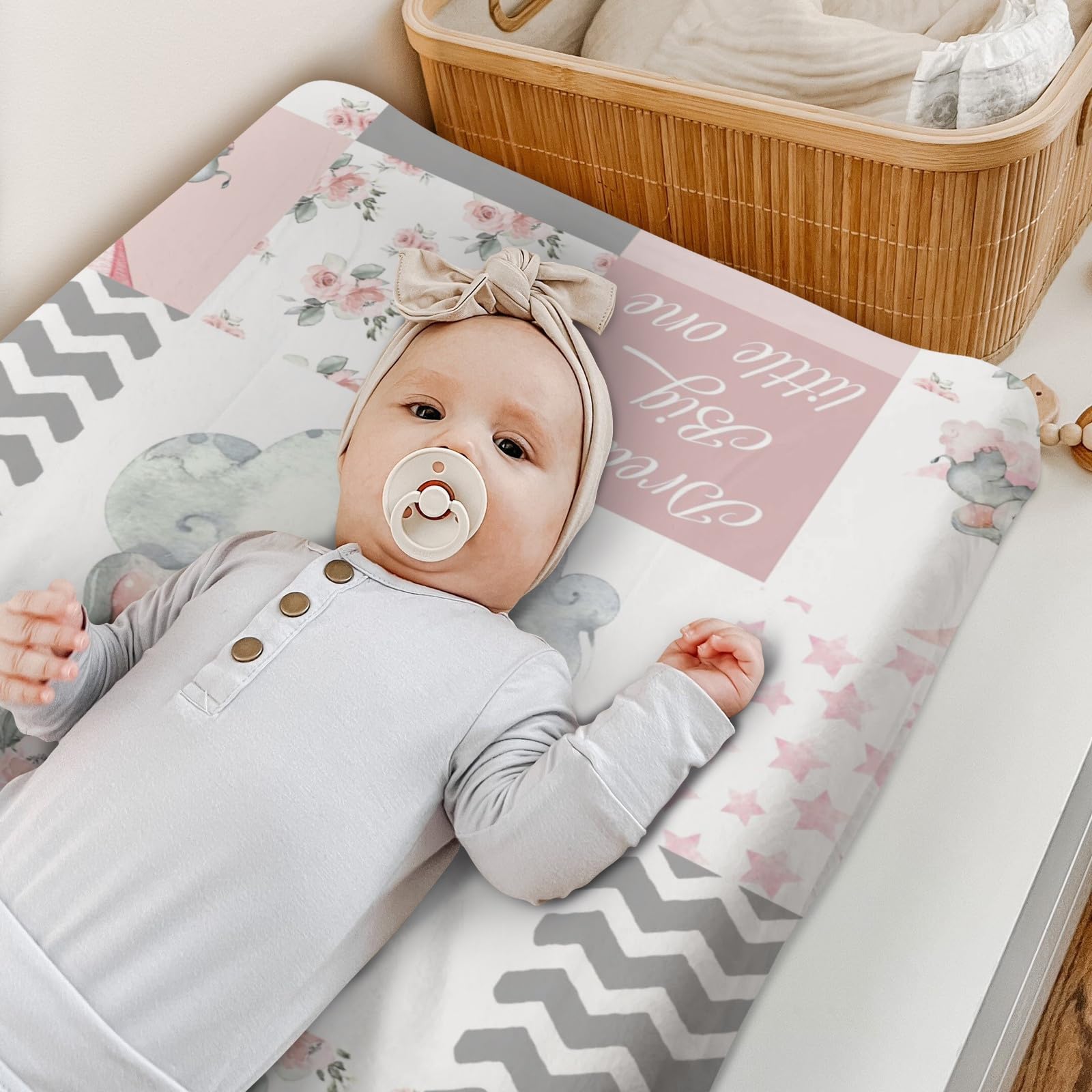 HawSkgFub Sleeping Elephant Floral Changing Pad Cover for Baby Girls Pink, Dream Big Little One Flower Diaper Change Table Covers, Soft Stretchy Safe Snug Fitted Changing Mat Sheets Fit 32"/34" x 16"