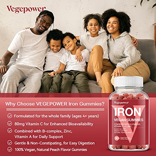 Vegan Iron Gummies Supplement - with Vitamin C, A, B-Complex, Folate, Zinc for Adults & Kids - Blood Builder & Energy Support for Iron Deficiency, Anemia, No After Taste - Peach Flavor (90 Ct)