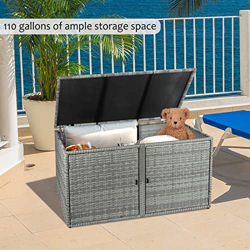 Outdoor 110 Gallon Rattan Deck Box, Wicker Patio Storage Cabinet Waterproof Storage Double Openable Door Cabinet Rattan Storage Deck Box with Lid and Separate Storage Shelf for Garden, Patio, Porch, Yard, can Store Cushions, Tools, Toys,Gray