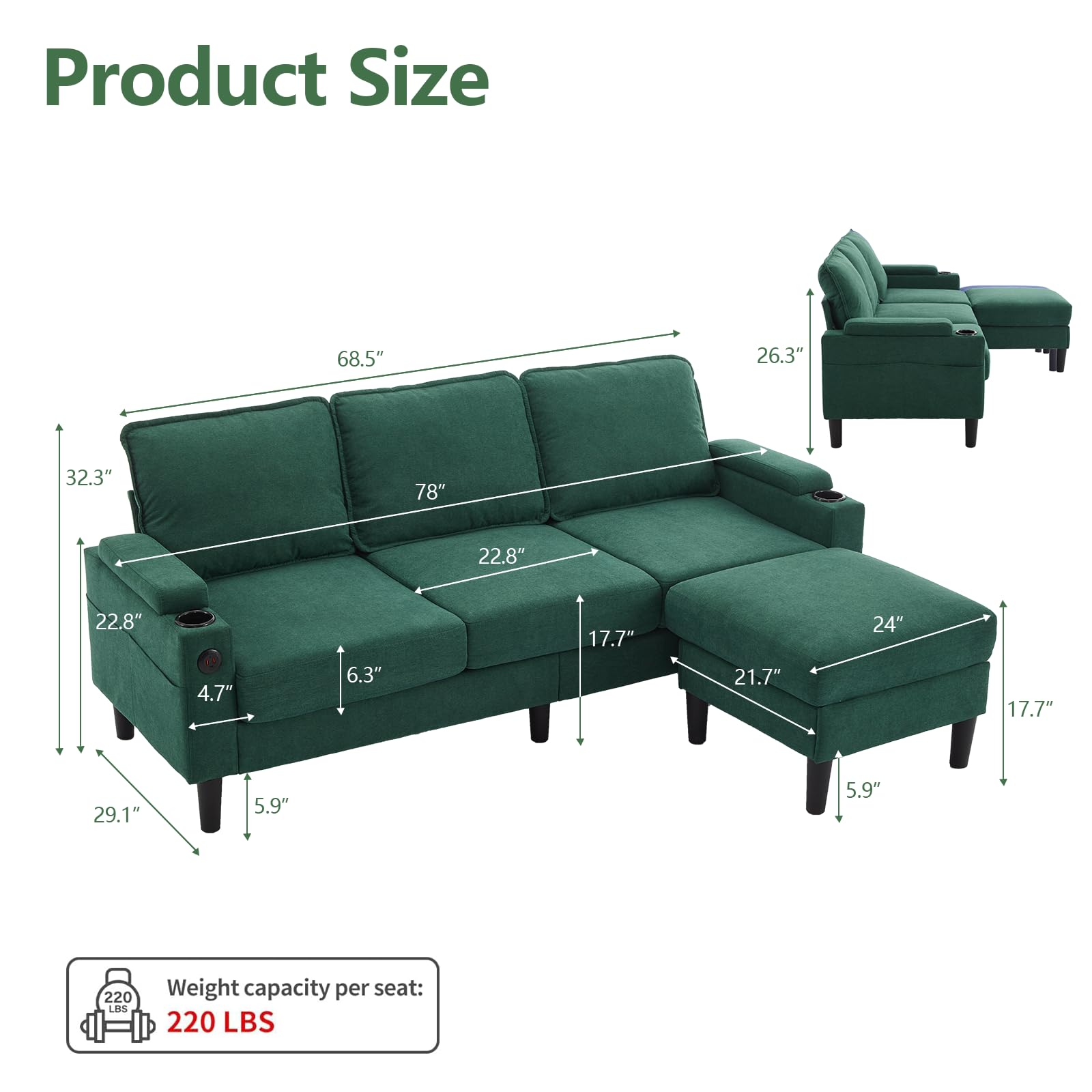 Nonlita L Shaped Combo Sofa with Storage Ottoman,3-seat Combo Sofa,L Shaped Combo Sofa with USB & Cup Holders & Side Pockets,Upholstered sectional Couch for Living Room Small Space Apartment,Blue