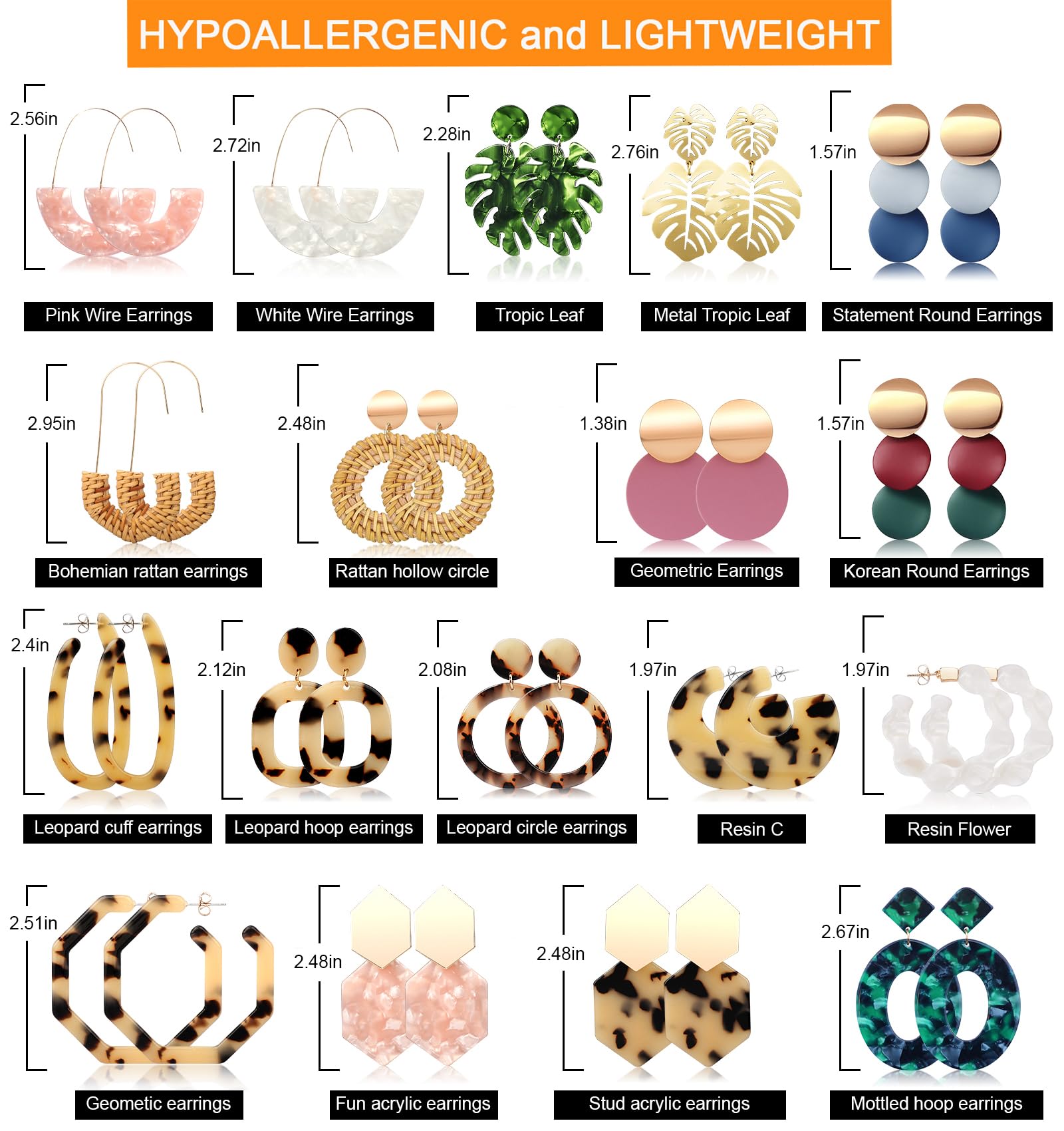 FIFATA 18 Pairs Statement Earrings for Women Straw Rattan Earrings Acrylic Resin Hoop Drop Dangle Earrings Set Hypoallergenic for Sensitive Ears