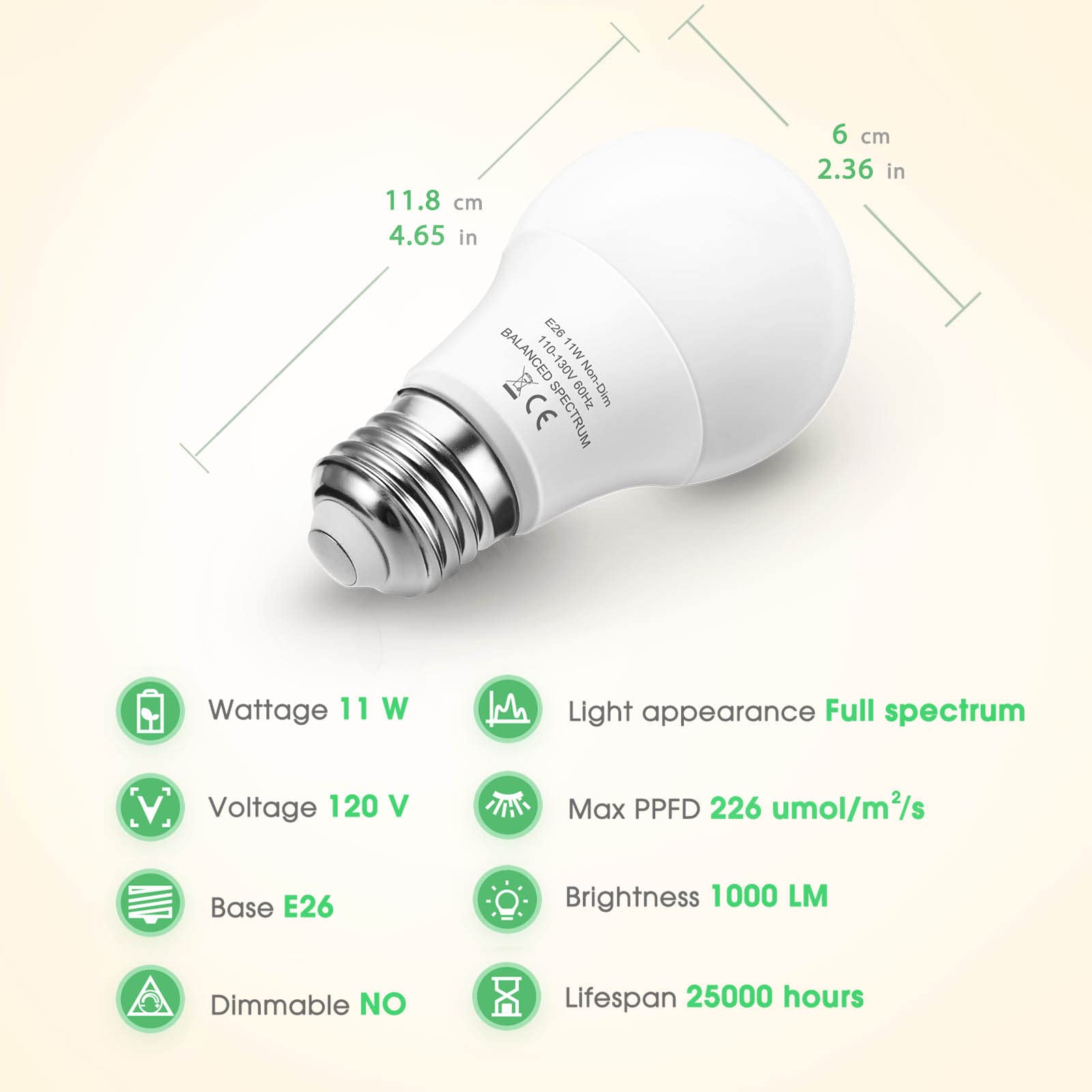 Grow Light Bulbs, LED Grow Light Bulb A19, Full Spectrum Light Bulb, Grow Bulb E26 Base, 11W Plant Light Bulbs 100W Equivalent, Grow Light Bulb for Indoor Plants, Flowers, Greenhouse, 2 Pack