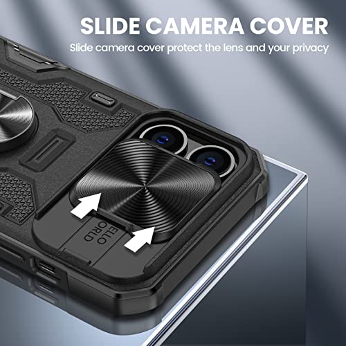 VEGO for iPhone 14 Pro Case, iPhone 14 Pro Kicksand Case with Slide Camera Cover Built-in 360° Rotate Ring Stand Magnetic Shockproof Phone Cover Case for iPhone 14 Pro 6.1 inches 2022 - Black
