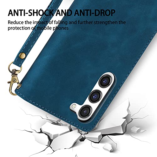 ZZXX Samsung Galaxy S23 Wallet Case with RFID Blocking Card Slot PU Leather Zipper Flip Folio with Strap Kickstand Protective Cover for Samsung Galaxy S23 Case Wallet(Blue-6.1 inch)