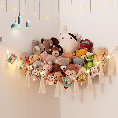 Mingtex Stuffed Animal Net or Hammock – Decorative Macrame Toy Hammocks for Kids Toys, Large Soft Net with LED Start Light String, Wall Hanging Hooks, and Wooden Photo Display Clips, Toy holder