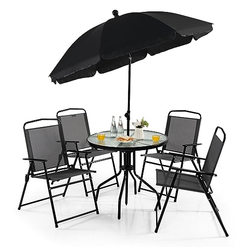 TKFDC 6 PCS Patio Dining Set Folding Chairs Glass Table Tilt Umbrella Garden