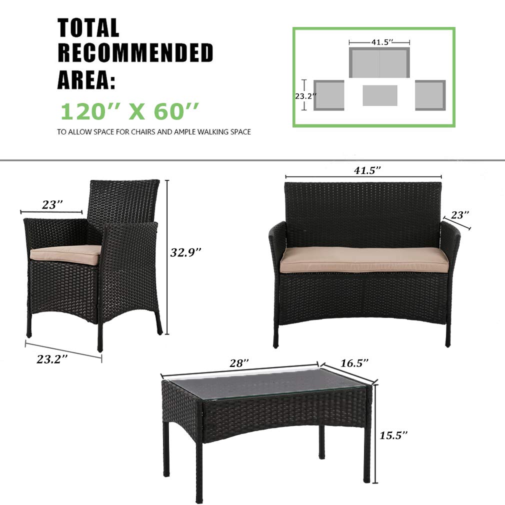 Outdoor 4 Pieces Rattan Chair Sofa Conversation Set Patio Wicker Set with Table Backyard Lawn Porch Garden Poolside Balcony Furniture (Black)
