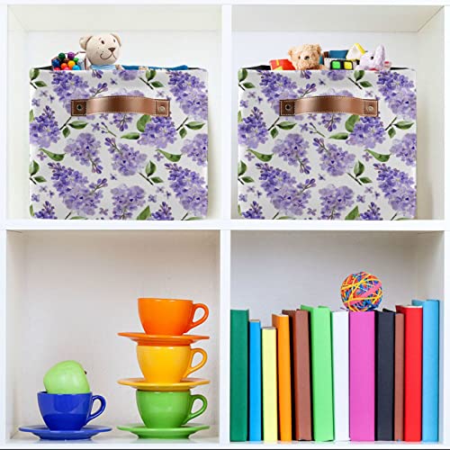 ALAZA Purple Lilac Flowers Storage Basket Rectangle Collapsible Storage Bins With Handles Durable Canvas Toy Basket Organizer Bin For Shelf Closet Bedroom Home Office