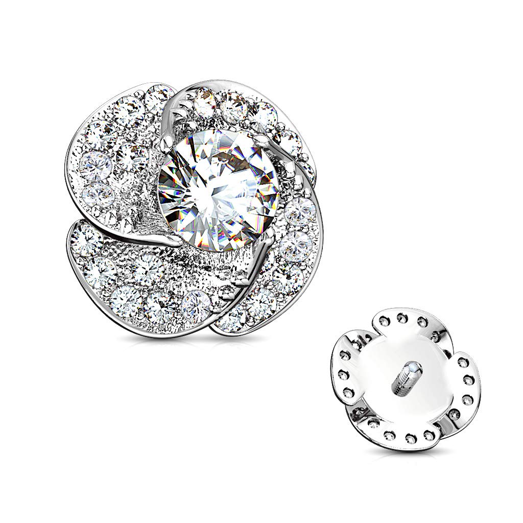 FIFTH CUE 14G CZ Paved & Round CZ Center Rose Blossom 316L Surgical Steel Internally Threaded Dermal Anchor Top (Steel/Clear)