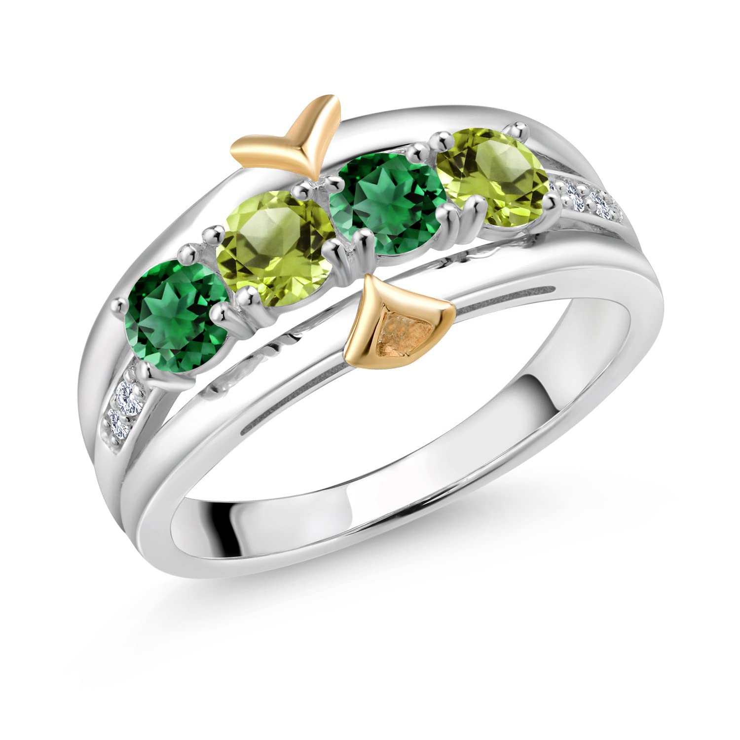 Gem Stone King 925 Sterling Silver and 10K Yellow Gold Round Green Nano Emerald Green Peridot and White Lab Grown Diamond Women Band Ring (1.25 Cttw, Available In Size 5, 6, 7, 8, 9)