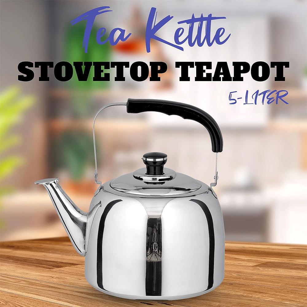 TtAk HOUSEWARE Tea Kettle Stovetop Movable Handle | Stainless Steel Stovetop Loud Whistling Fast Boiling Tea Kettle Cool Grip Bakelite Handle | Food Grade Tea Pot Thin Fast Heating Base (5 Liter)