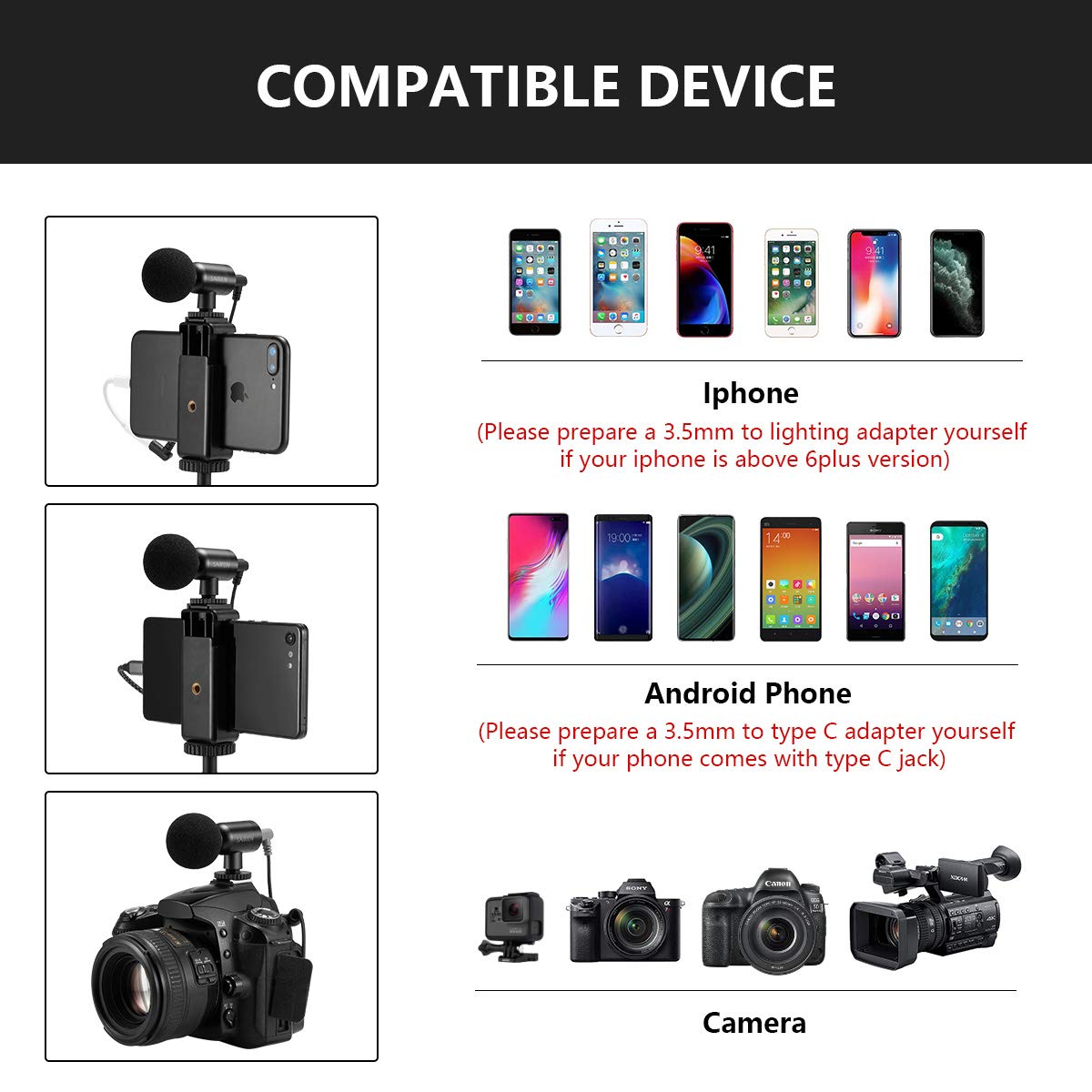 Frunsi Camera Microphone, Video Microphone for Gopro DSLR Canon Nikon Panasonic Sony Smartphone Vlogging, YouTube, Interview