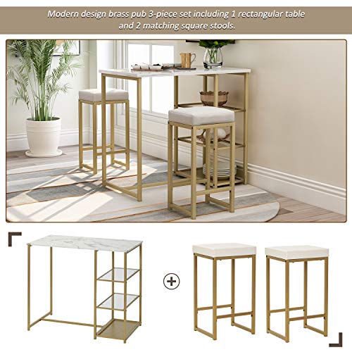 SIYAHOME Table & Chair 3-Piece Modern, Artificial Dining Table Set with Faux Marble Countertop and Bar Stools and 2 Eextra Thick Cushions for Cafe, Pub, Club, White + Gold