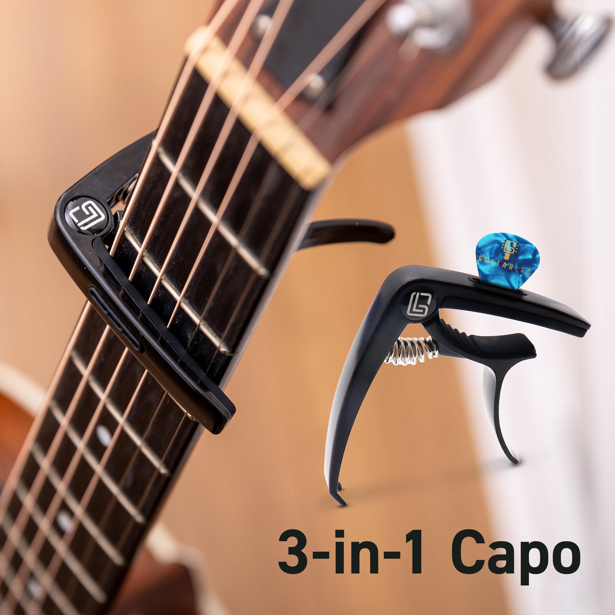 Guitar Accessories Kit - Premium Metal Tin with Guitar Strap, Capo, Tuner & Picks for Acoustic, Bass, Electric & Ukelele Guitars