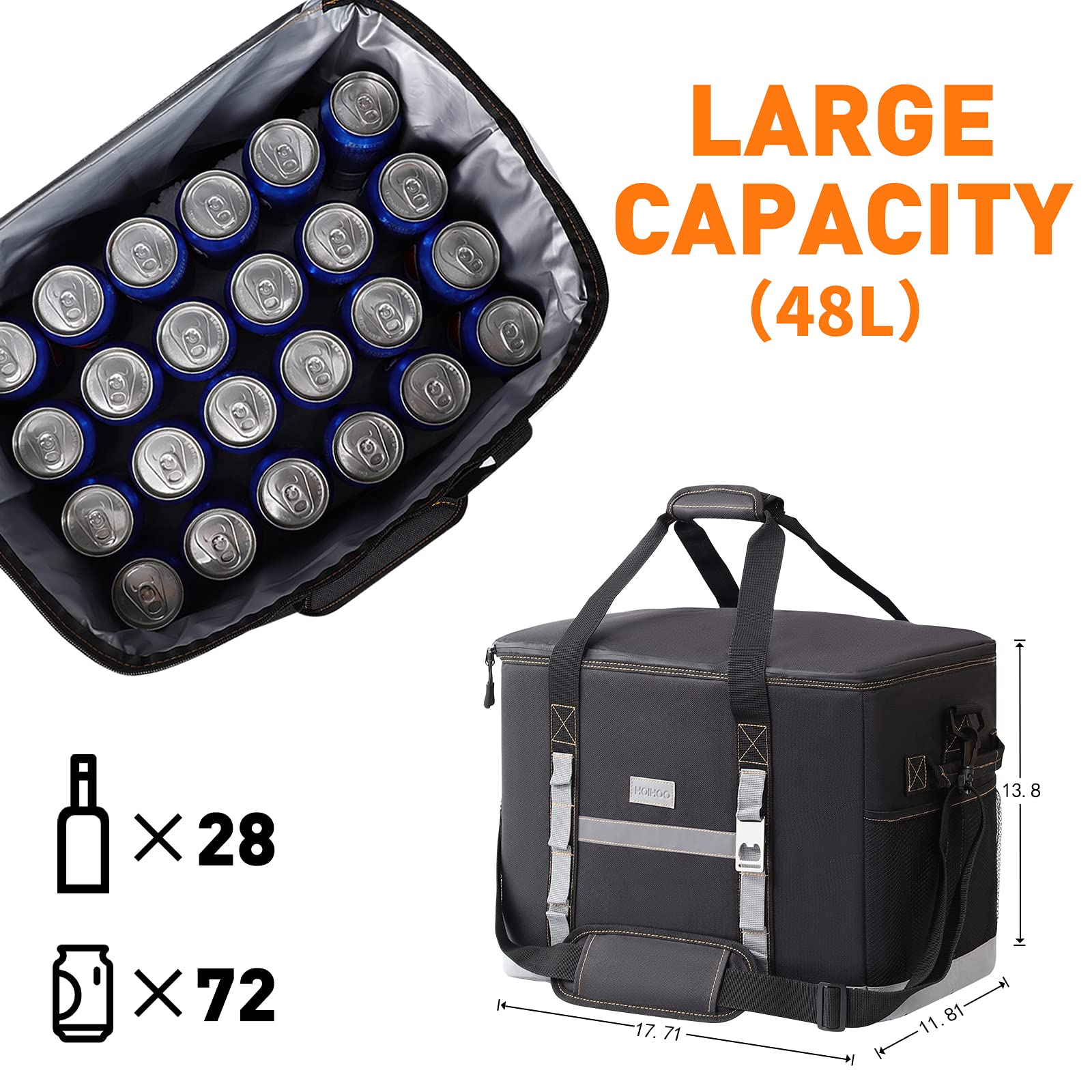 HOIHOO Large Capacity Insulated Cooler Backpack, 330ml, Black-1, Nylon, 600D Oxford