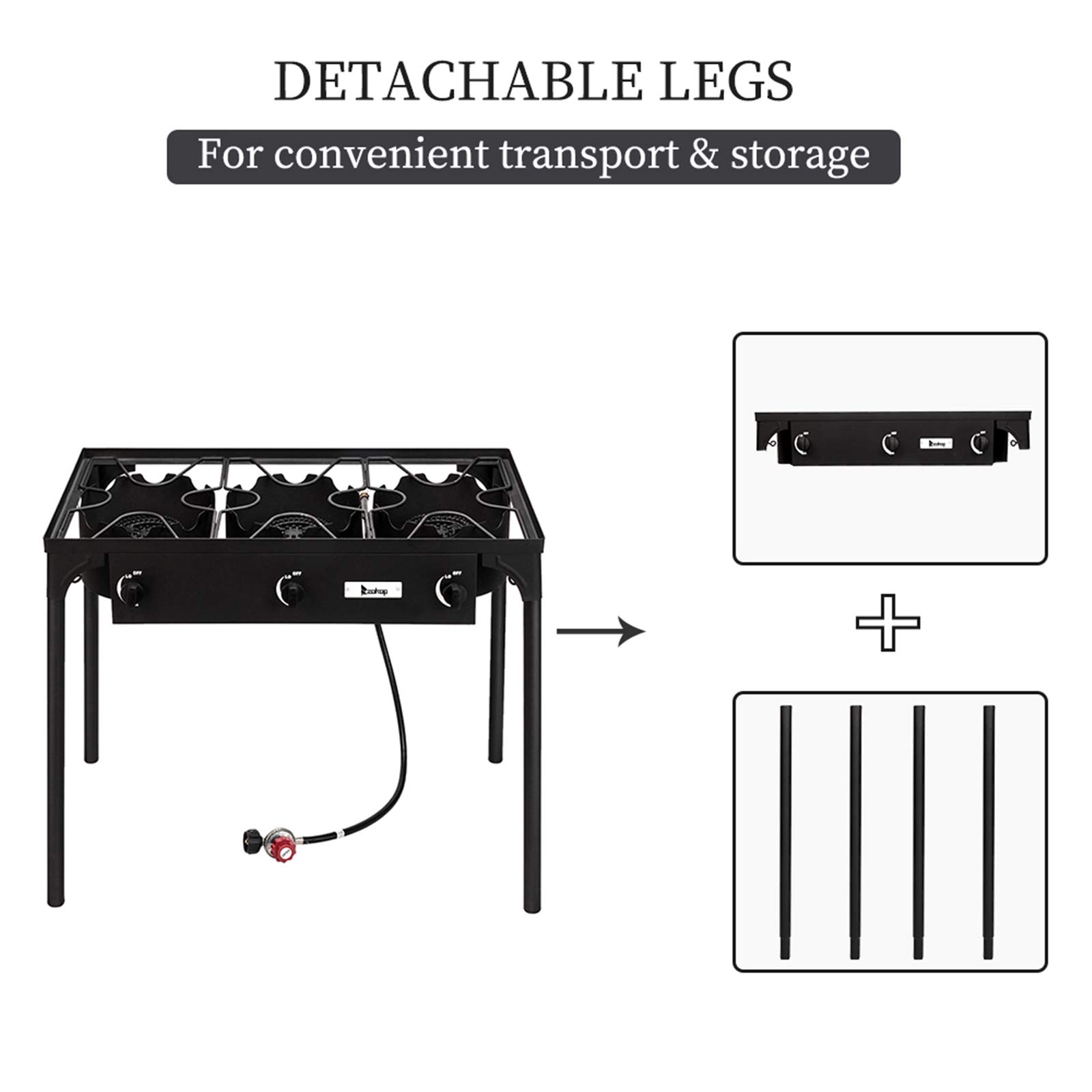 Outdoor Camping Stove, 3 Burner Propane Gas Cooker w/Detachable Legs & 0-20 PSI Regulator & CSA Approval for Camping Cookout, Max. 225,000 total BTU/hr