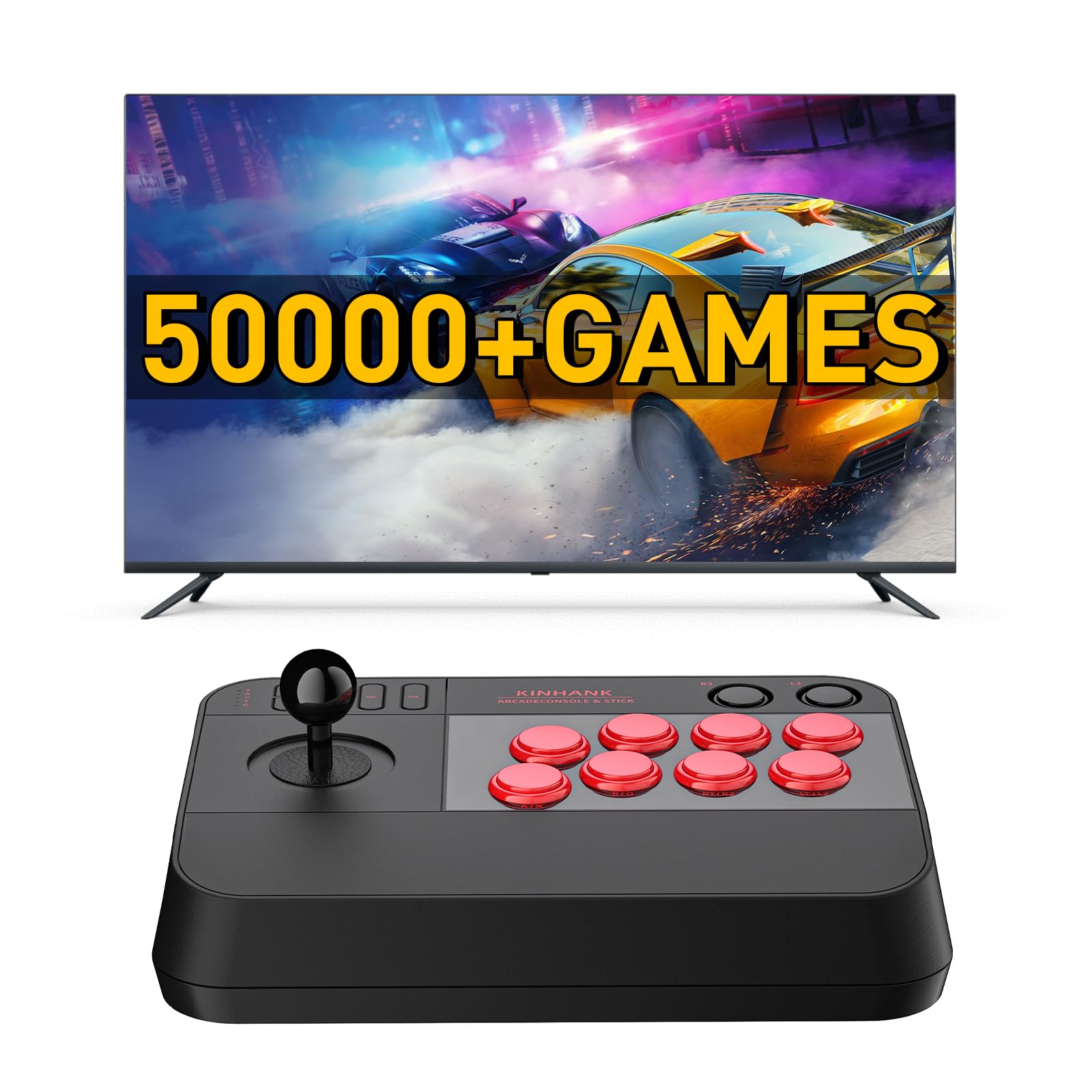 Kinhank Super Console Arcade Game Console & Stick, 50000+ Classic Arcade Games Pre-Installed in 256G TF Card(Included), S905X3 Chip, Compatible with PC Host/Android Phone etc, HD-Out,Black (256G)