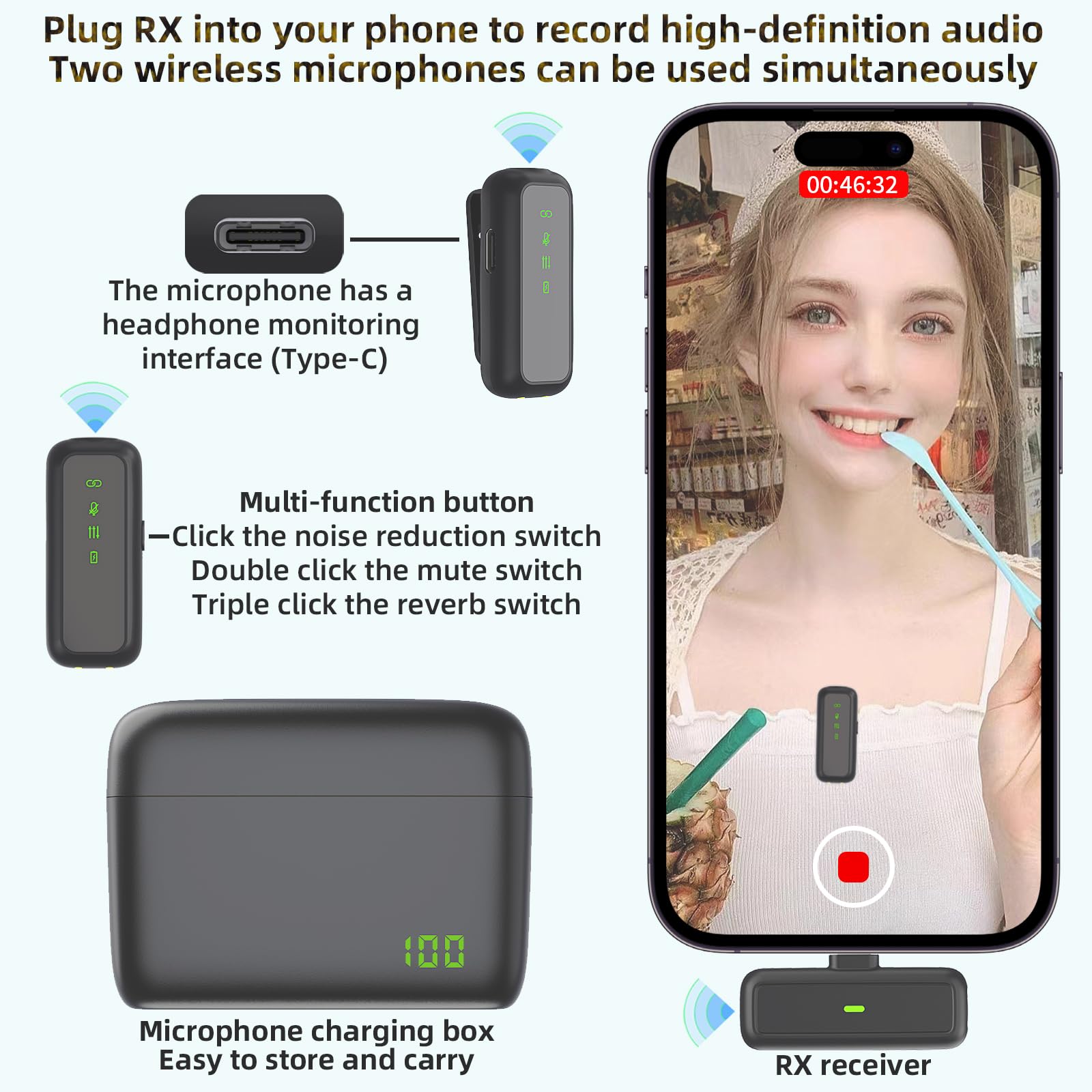 HAILIWEI 2.4Ghz Wireless Microphone System, Upgraded Dual Lavalier Microphone, Crystal Sound, Plug and Play, 60 Feet Long Distance Recording, Large Capacity Battery, Includes Charging Box