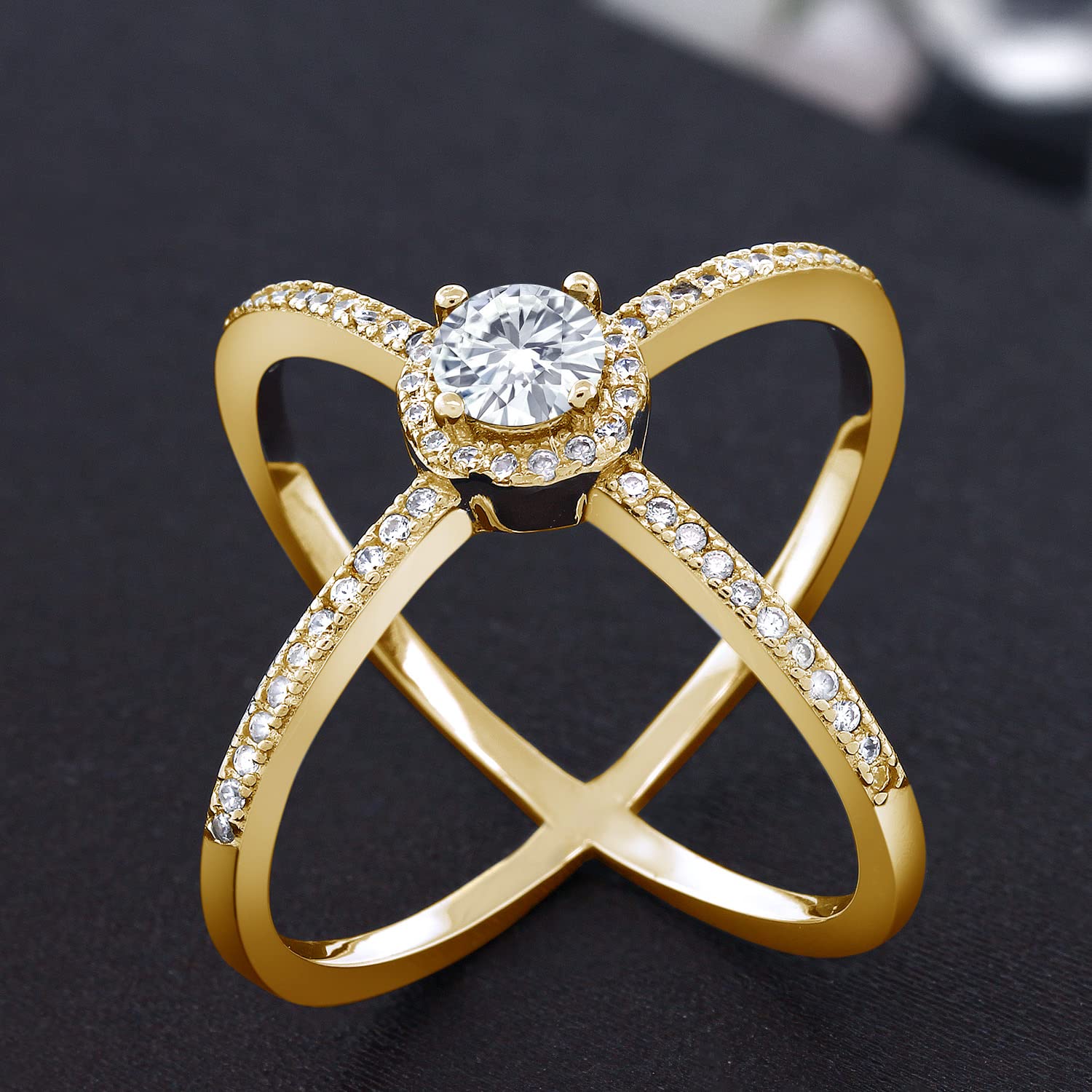 Gem Stone King 18K Yellow Gold Plated Silver Criss Cross X Ring Set with Moissanite (1.32 Cttw) (Size 7)