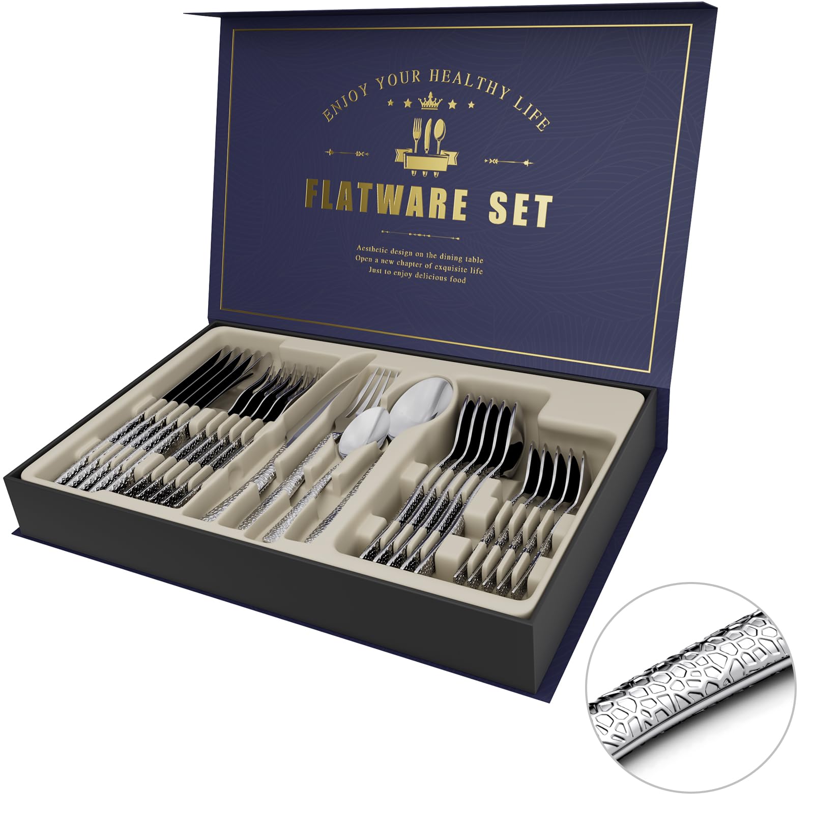 Hammered Silverware Set for 6, Stainless Steel Eating Flatware Cutlery Set 24-Piece for Home Kitchen Hotel Restaurant Party, Mirror Finished&Dishwasher Safe (Silver)