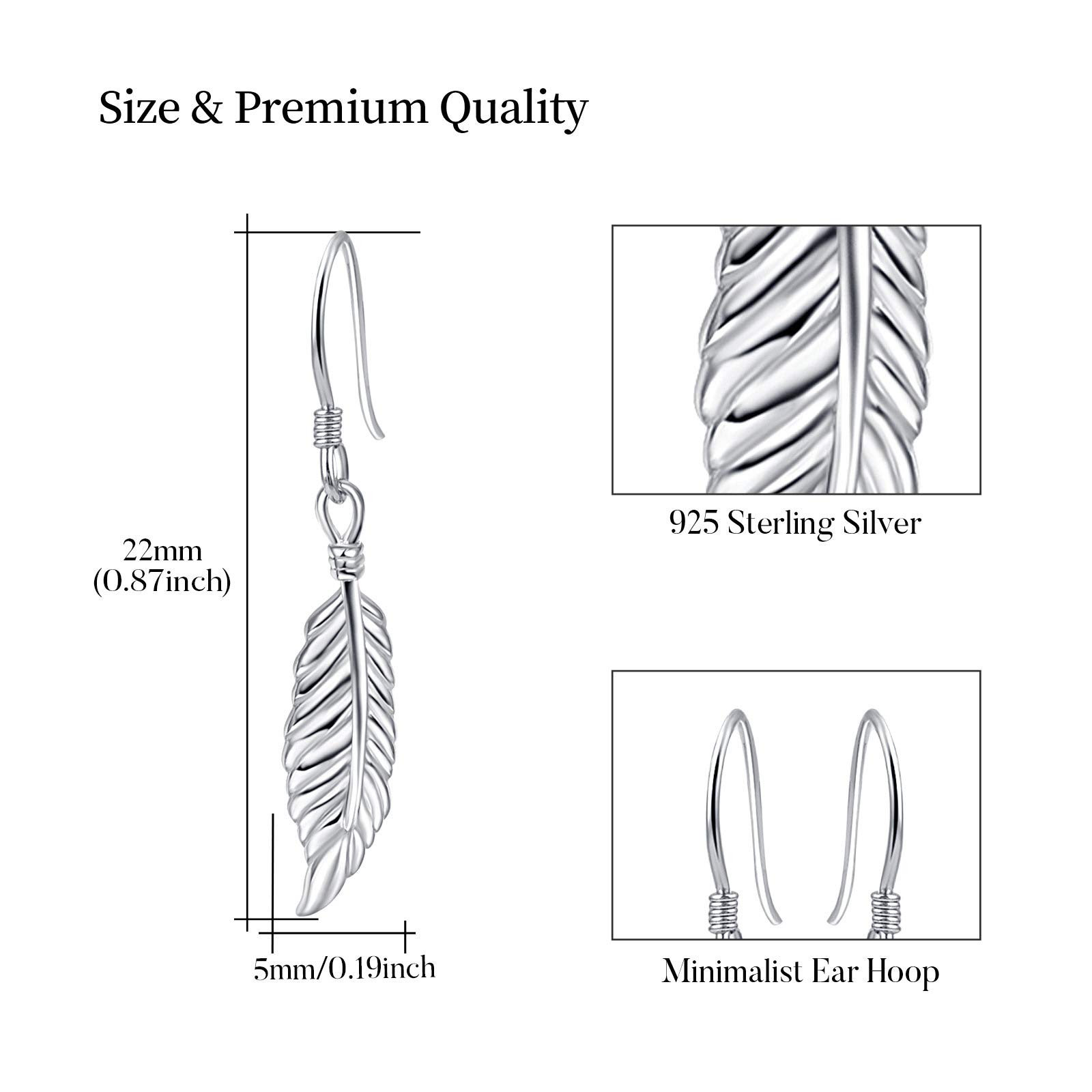 Feather Earrings 925 Sterling Silver Feather Dangle Earrings Hypoallergenic Earrings for Mens and Womens