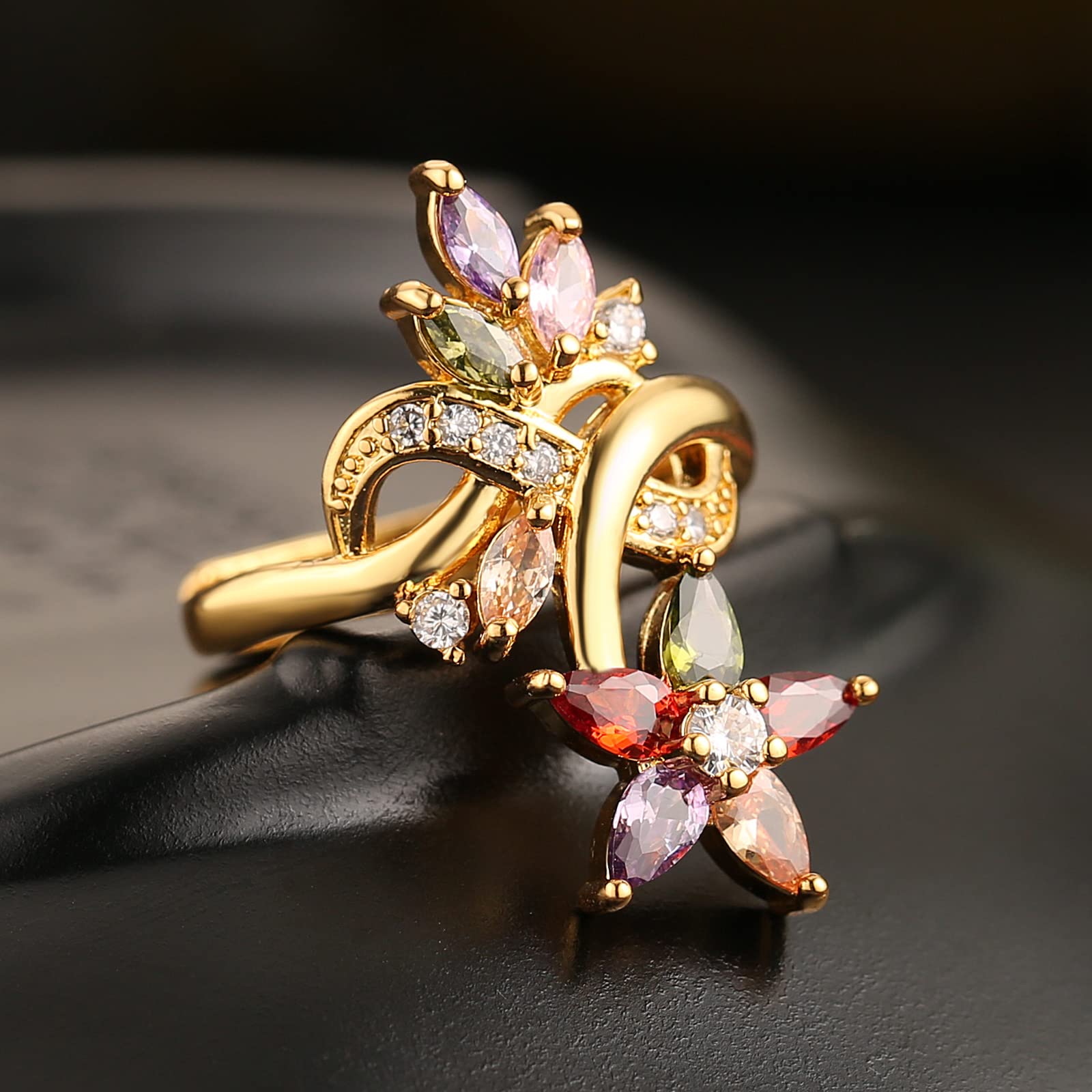 HZMAN Women's Gold Plated Ring Delicate Cubic Zirconia Colorful Flowers Adjustable Stacking Wedding Rings (knot)