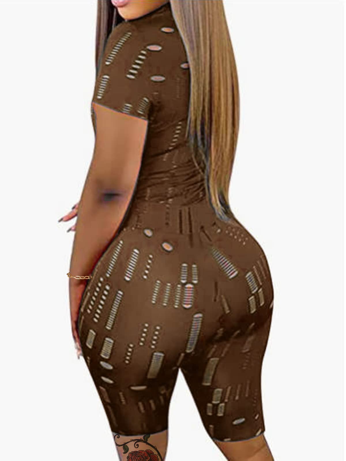 Hilinker Women's Hollow Out 2 Piece Bodycon Outfits Short Sleeve Top with Shorts Set Clubwear Brown Large