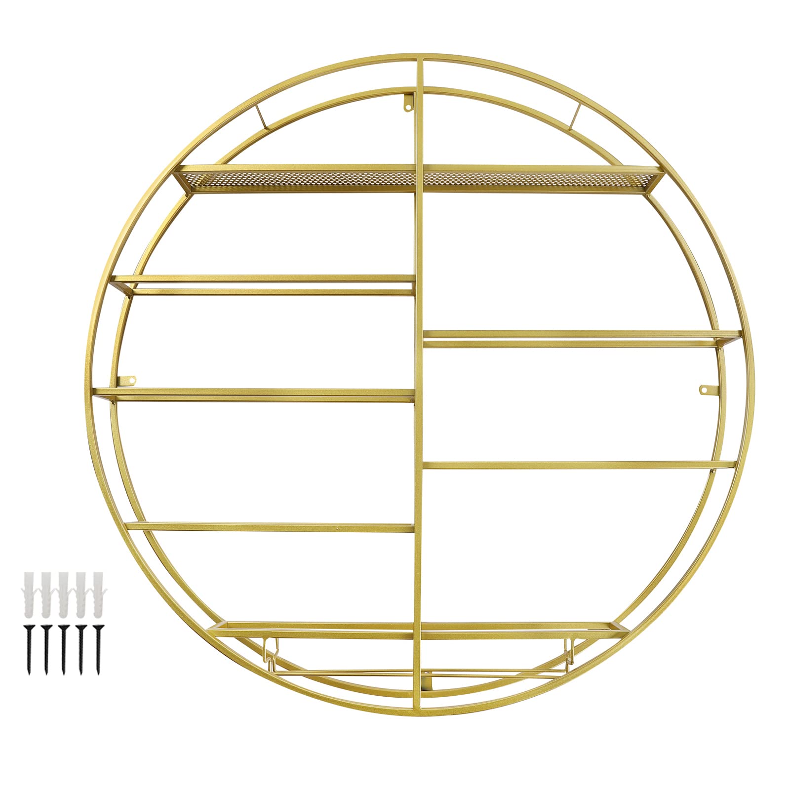 Headery 7 Tier Round Iron Wall Wine Bottle Holder, Wine Storage and Display Rack,Bar Liquor Shelves Shelf with 4 Glass Holder for Kitchen, Party, Bar, Dining Room(Black/Gold (Gold)