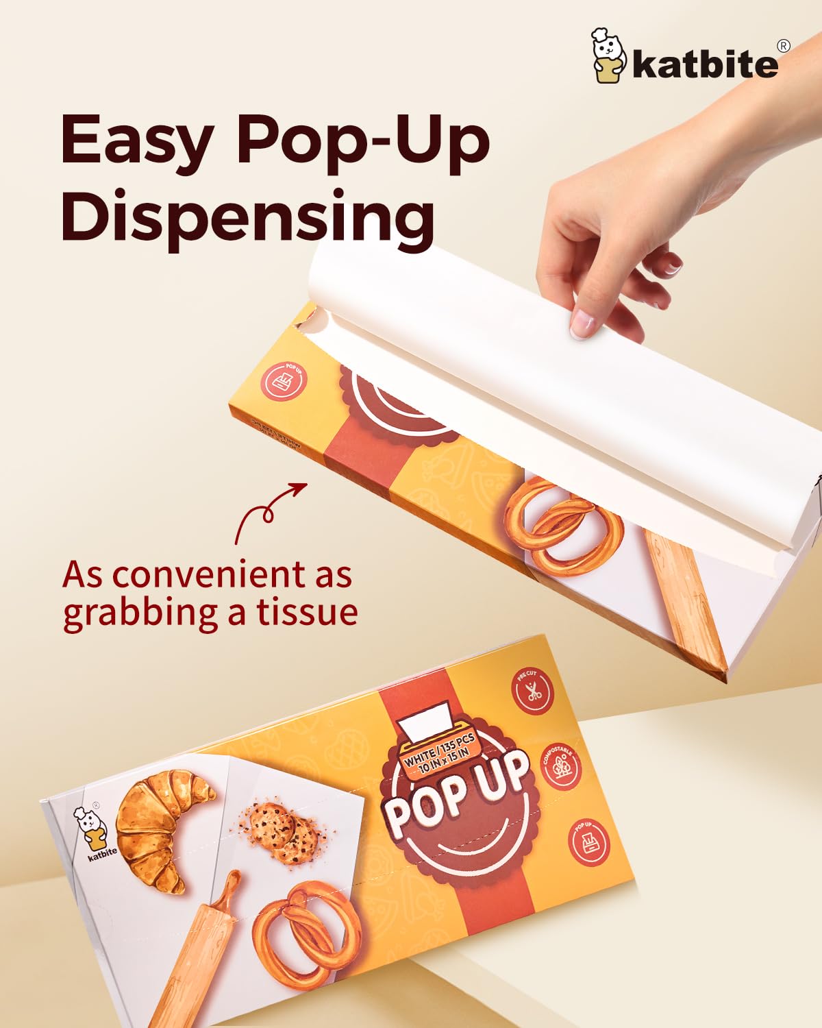 Katbite 135 Pcs 10x15 Inch Pop-Up Parchment Paper Sheets, Pre-cut Compact Volume Pop-Up Parchment Paper for Baking Heavy Duty & Non-stick, Pop-Up Paper Dispenser Box for Kitchen Cooking Space-saving