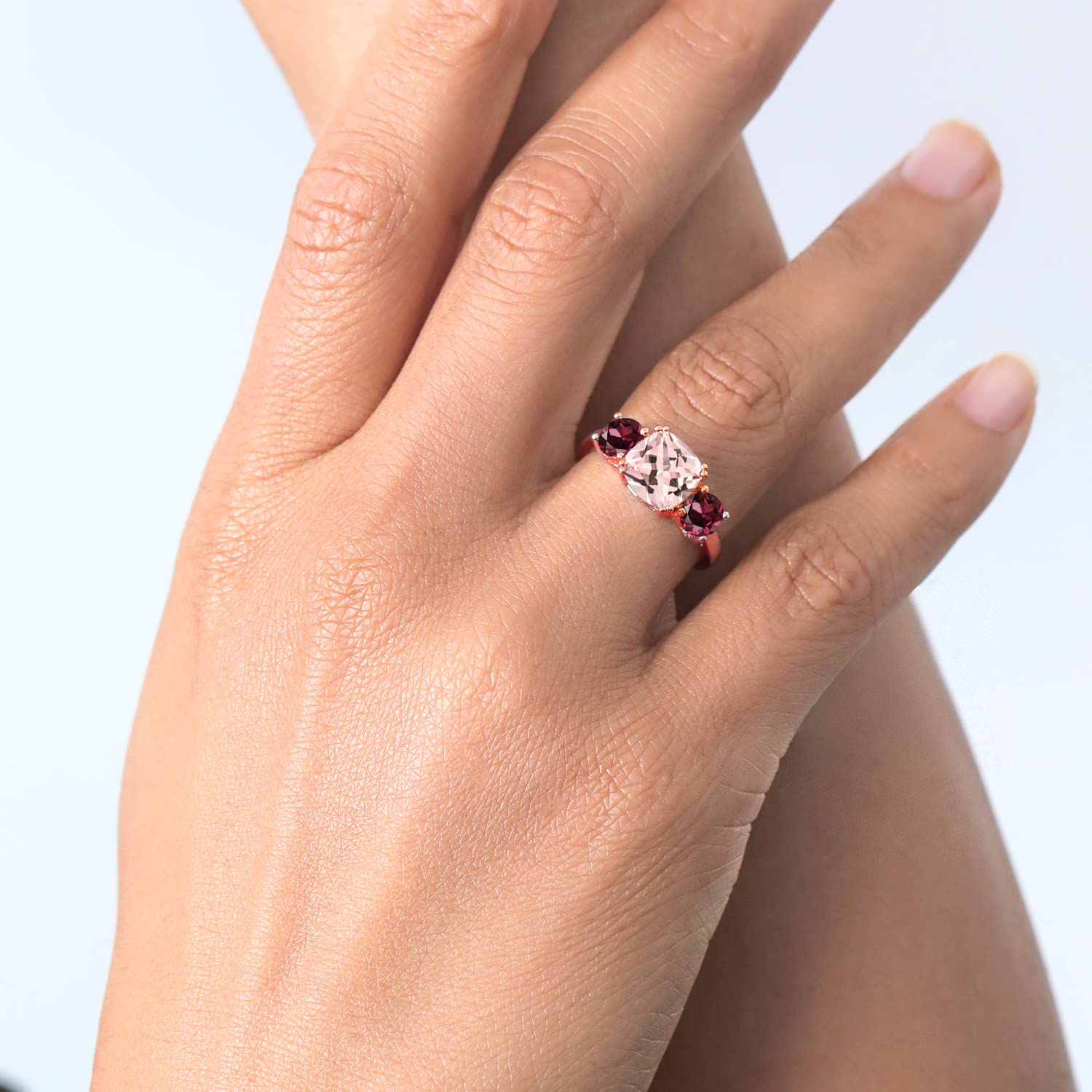 Gem Stone King 18K Rose Gold Plated Silver Peach Nano Morganite and Red Rhodolite Garnet 3 Stone Engagement Ring For Women (3.20 Cttw, Gemstone October Birthstone, Cushion 8MM, Size 6)