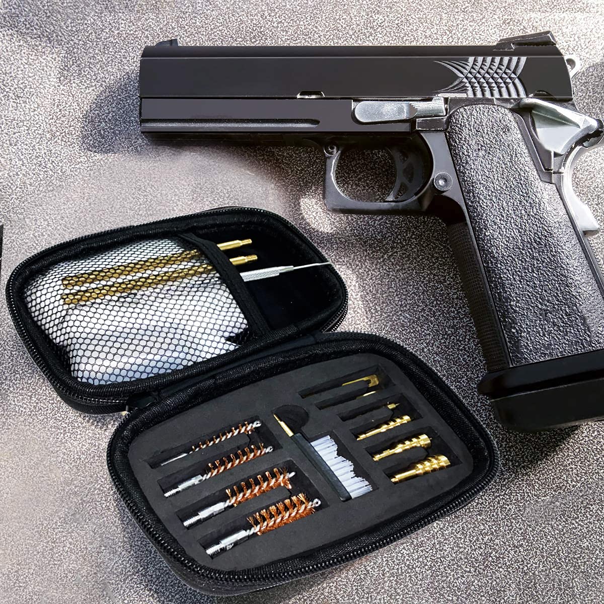 Gun Cleaning Kit 19 in 1 with Special 9mm Handgun Snake .22 .38 9mm .40 .45 Caliber Pistol Bronze Bore Brush and Brass Jag Adapter,100Pcs 3" Cotton Swabs Empty Bottle by DINGDOON