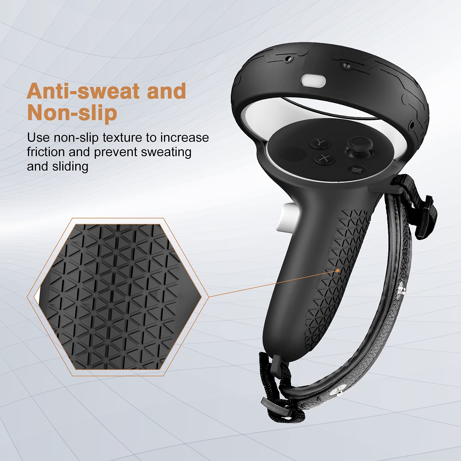 EWalos Touch Controller Grip Leather Cover for Oculus Quest 2 Double Protection Anti-Throw Handle Silicone Accessories, Adjustable The Pattern of Lychee Pu Leather Wrist Knuckle Strap(1 Pair, Black)
