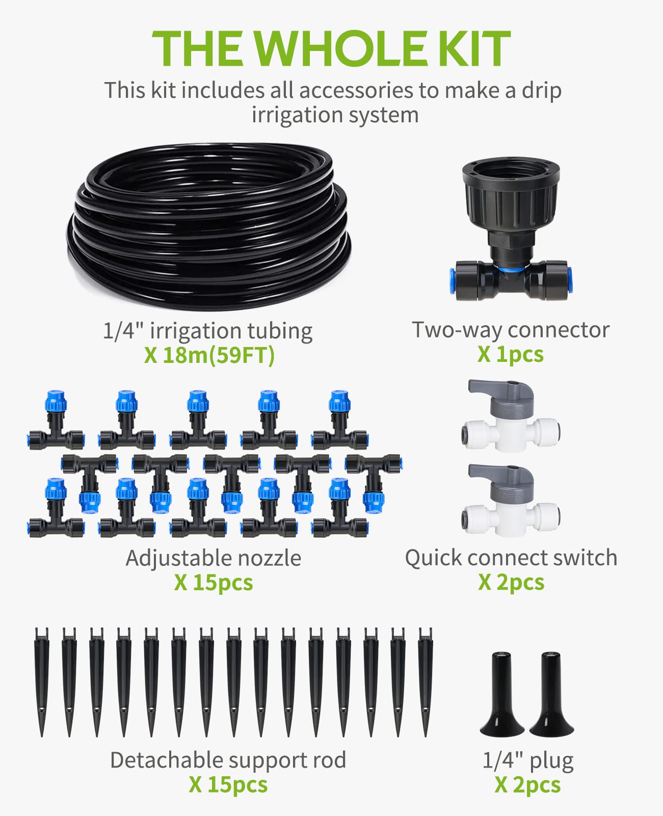 HIRALIY 59FT Greenhouse Mist Drip Irrigation Kit, Hanging Plant Watering System, Garden Watering System with 1/4" Blank Tubing and Misting Nozzles, Quick Connector Design Automatic Irrigation System