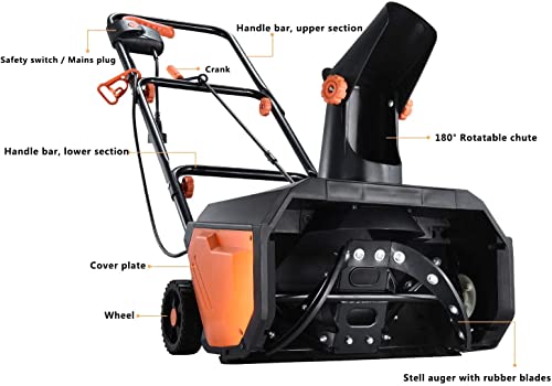 Kapoo Snow Thrower, 18 Inch Electric Snow Blower, Steel Auger, 180° Rotatable Chute and Overload Protection, 13 Amp, Black & Orange bb14