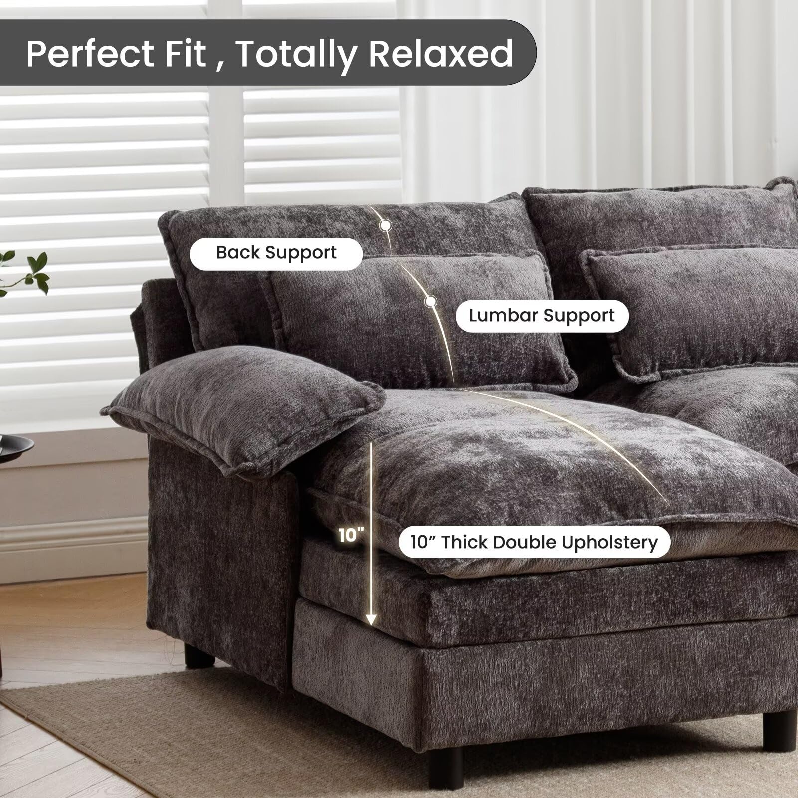 Siiejia U Shape Cloud Couch, 4 Seats Comfy Sectional Sofas Couches for Living Room, Modular Chenille Sofa with Double Reversible Chaise for Apartment Spacious Space, Grey