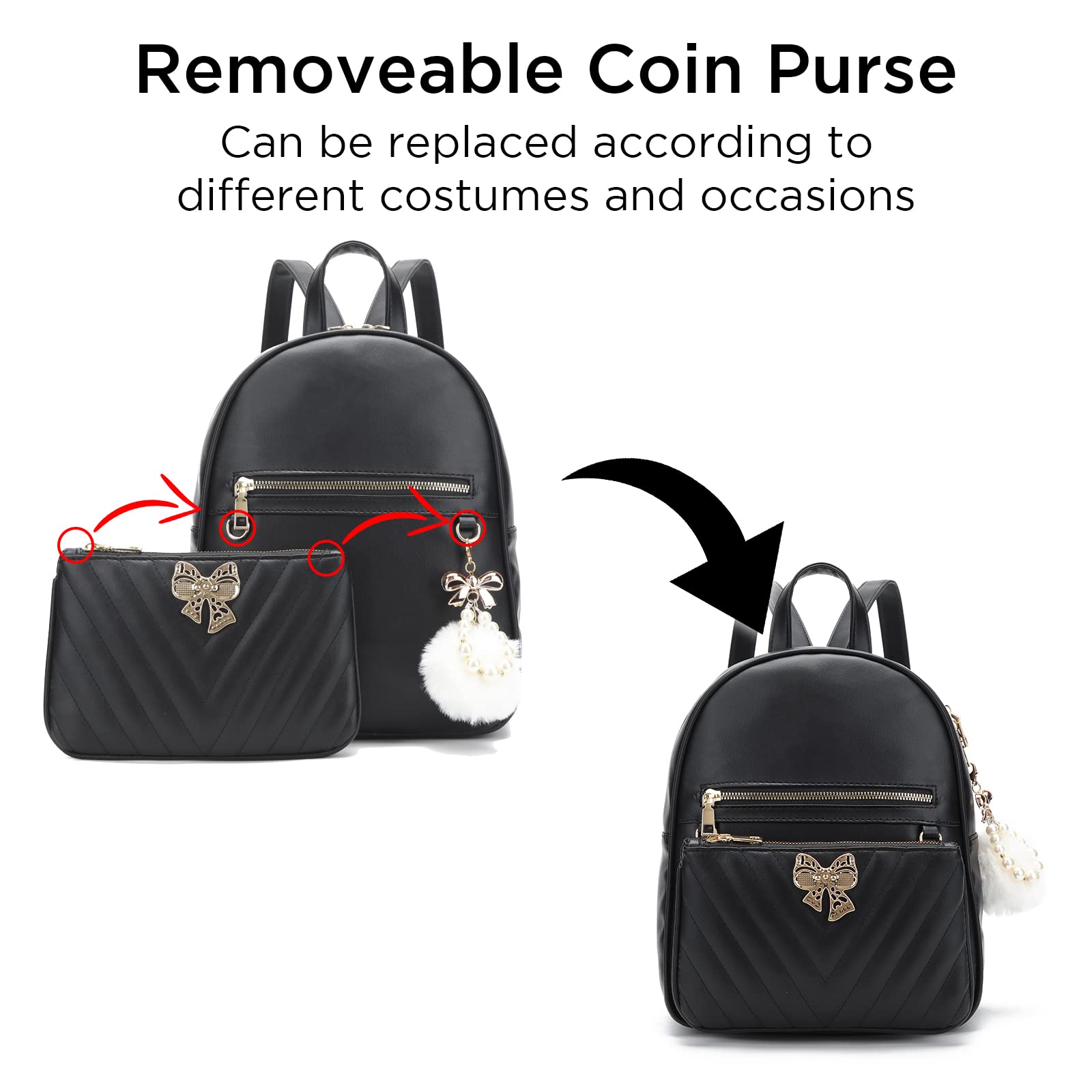 I IHAYNER Women Fashion Backpack Purse 2 PCS Mini Backpack for Women Designer Shoulder Bag Travel bag with Detachable Chain Handbags Black
