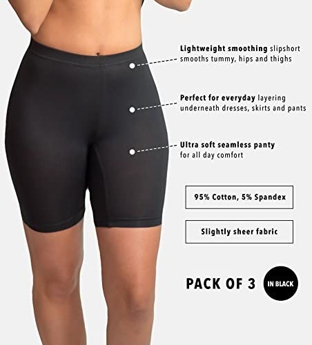 Emprella Slip Shorts 3-Pack Black Bike Shorts Cotton Spandex Stretch Boyshorts For Yoga,Black,Large