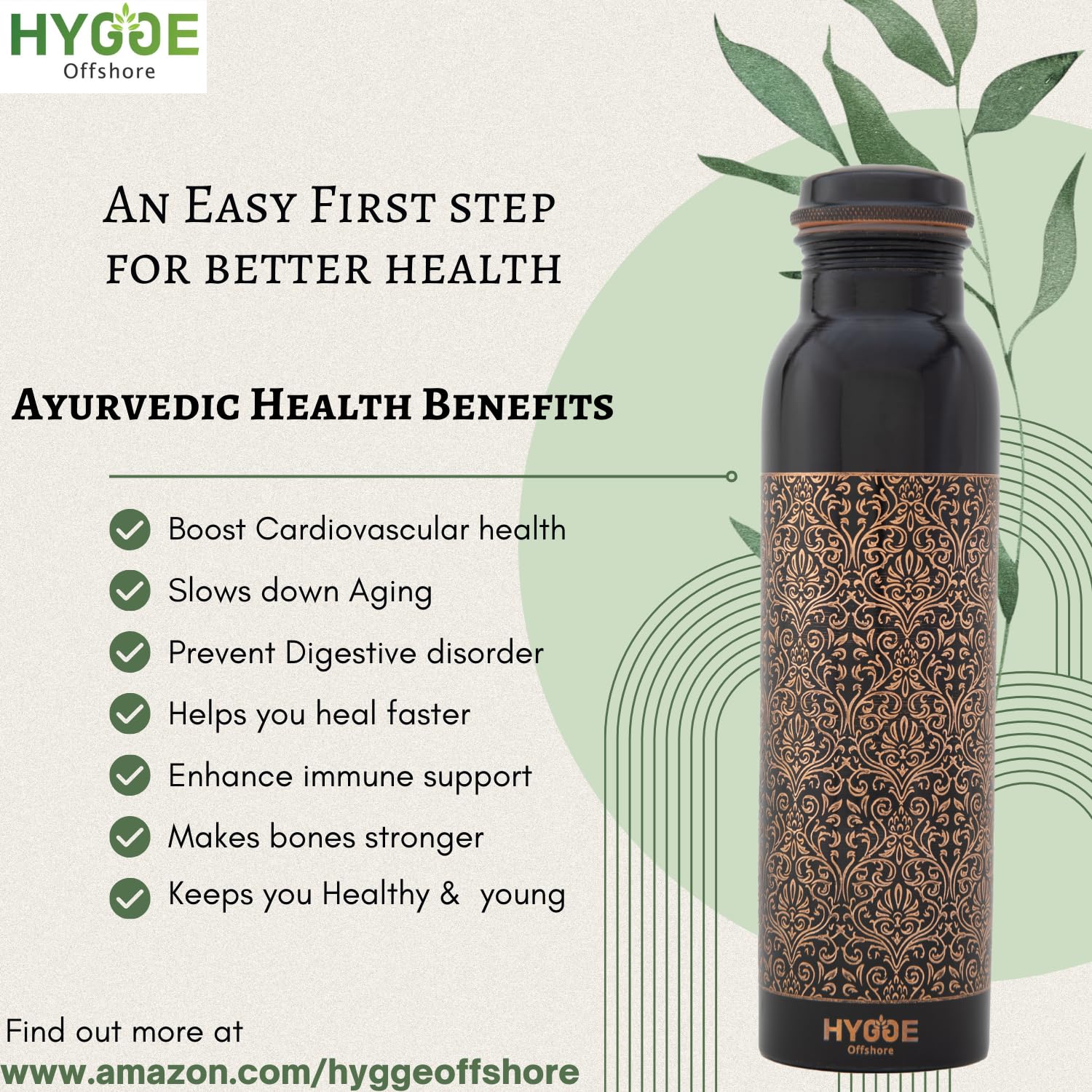 HYGGE Copper Water Bottle - 34 Oz Extra Large - A Antique Engraved Ayurvedic Pure Copper Vessel For Drinking - Drink More Water, Lower Your Sugar Intake And Enjoy The Health Benefits Immediately