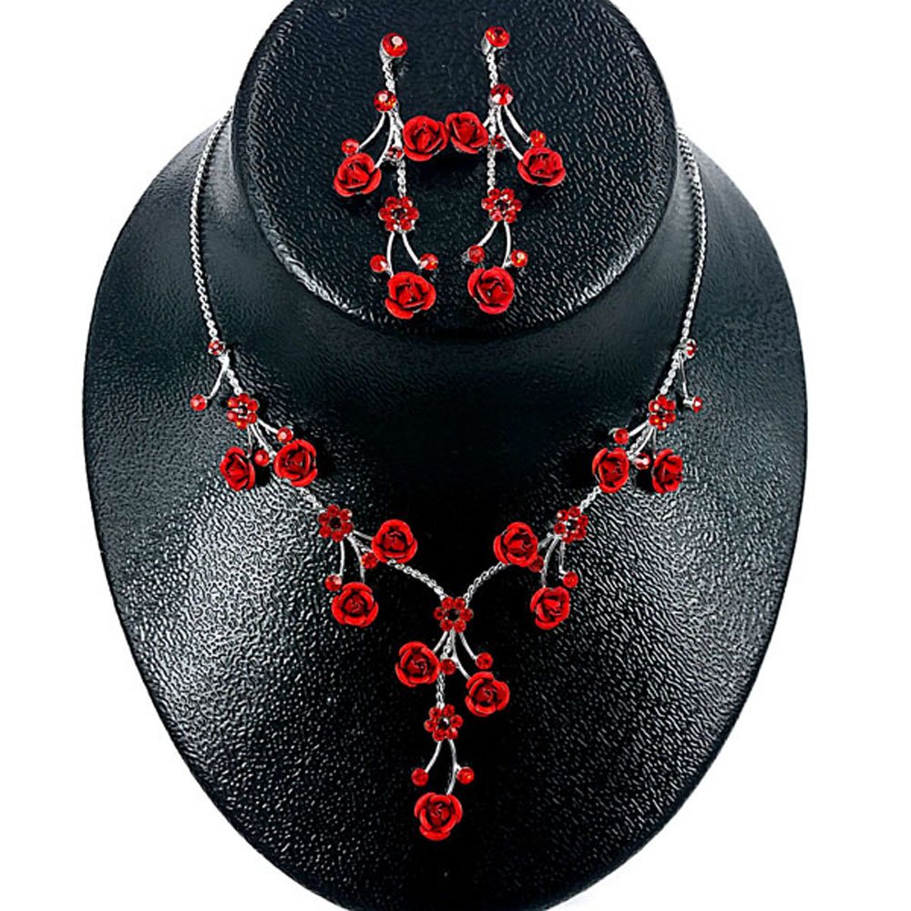 Faceted Metal Rose & Crystal Rhinestone Necklace & Earring set for Bridal, prom (Red)