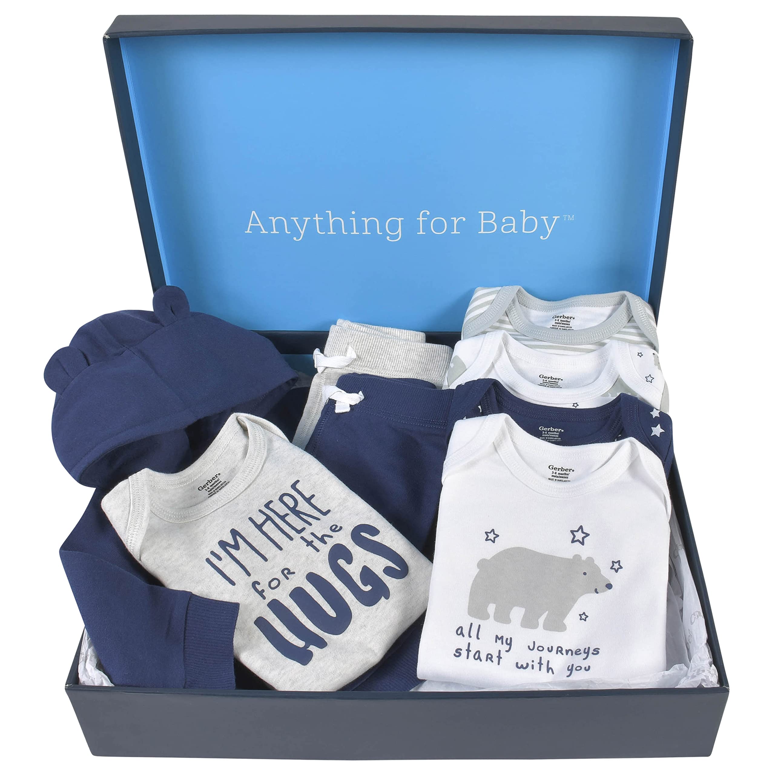 Gerber Baby 8-Piece Clothing Gift Set (5Pk Bodysuits 2Pk Pants & 1Pk Hooded Cardigan), Blue, 3-6 Months