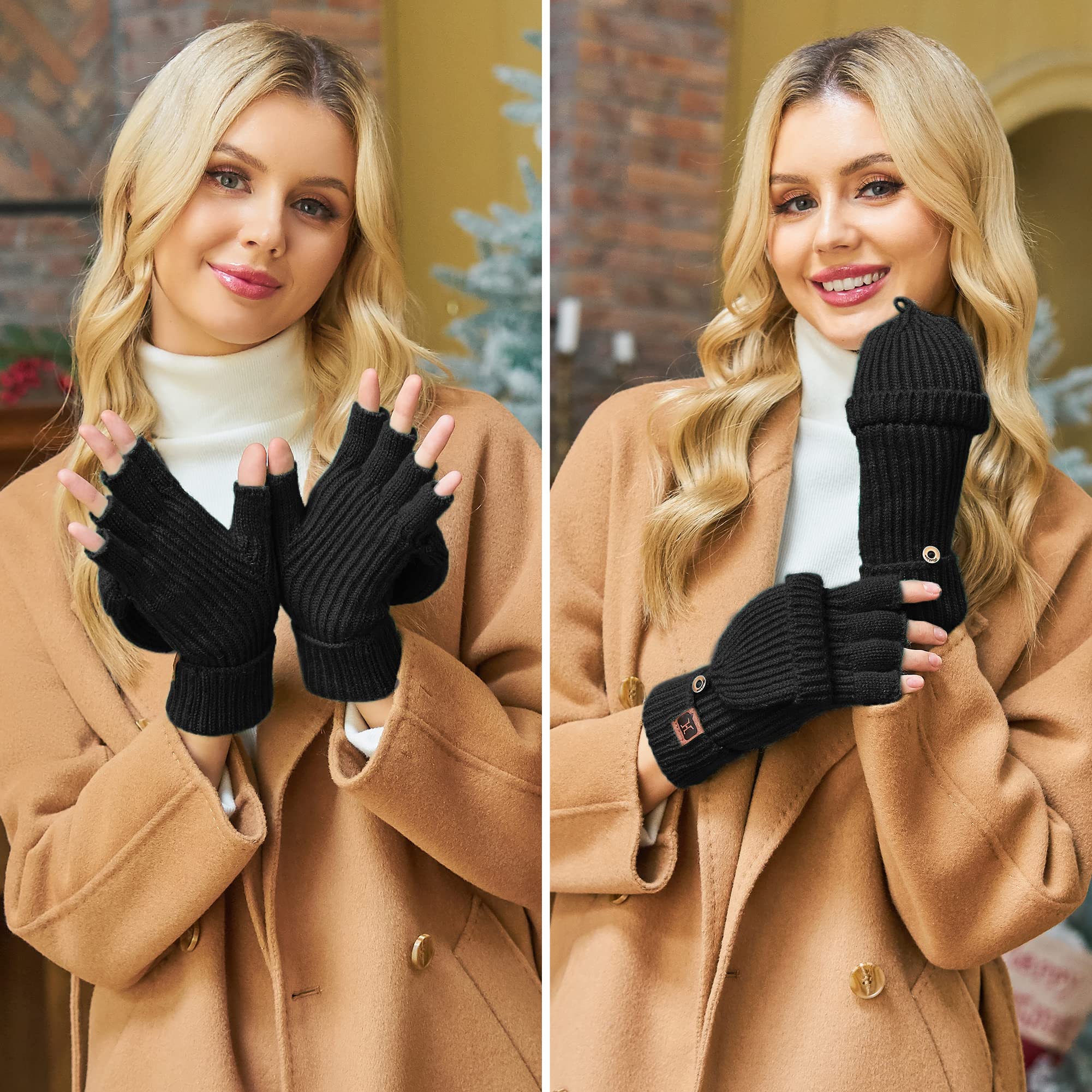 FZ FANTASTIC ZONE Womens Winter Knit Fingerless Work Gloves Convertible Mittens Warm for Cold day