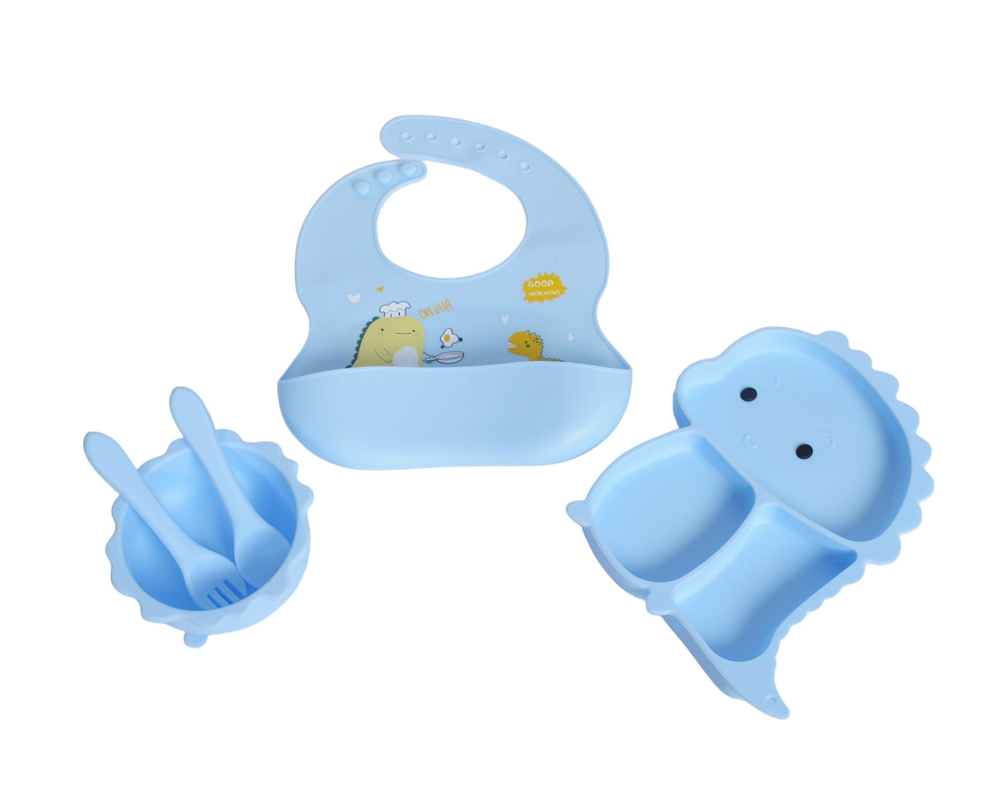 Silicone Baby Feeding Set, Baby Led Weaning Supplies, Eating Essentials Utensils with Suction Plate and Bowl, Pocket Bib, Sippy Cup with Lid, Forks Spoons Snack Container (Tropical Blue) 6M +