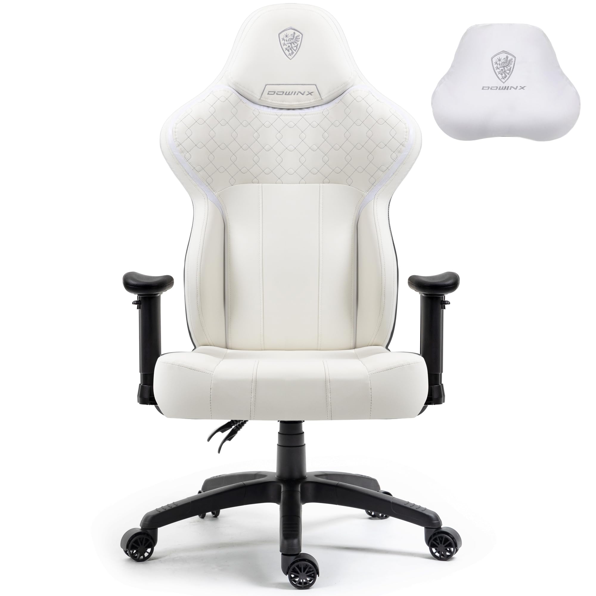 Dowinx Cross Legged Gaming Chair with Gravity Locking Wheels, High Back PU Leather Computer Chair for Heavy People, Big and Tall Game Chair with Lumbar Support(White)