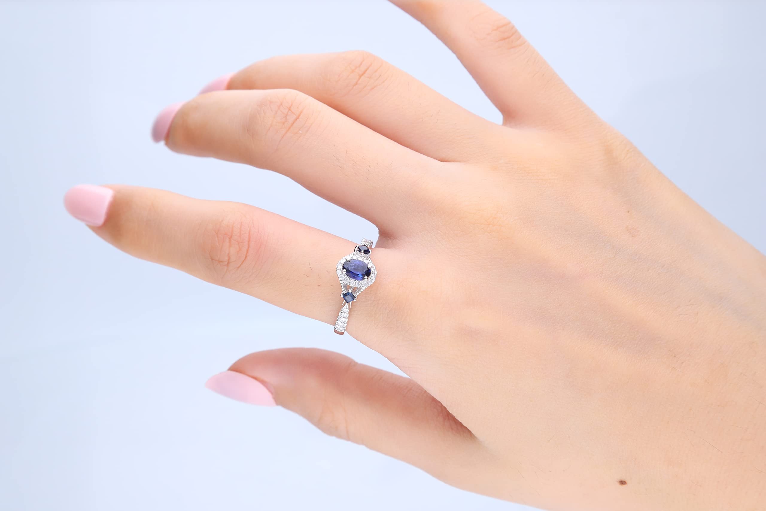Gin & Grace 10K White Gold Genuine Blue Sapphire Ring with Diamonds for Women | Ethically, authentically & organically sourced (Oval-Cut) Shaped Sapphire Jewelry for her | Sapphire Ring for Women