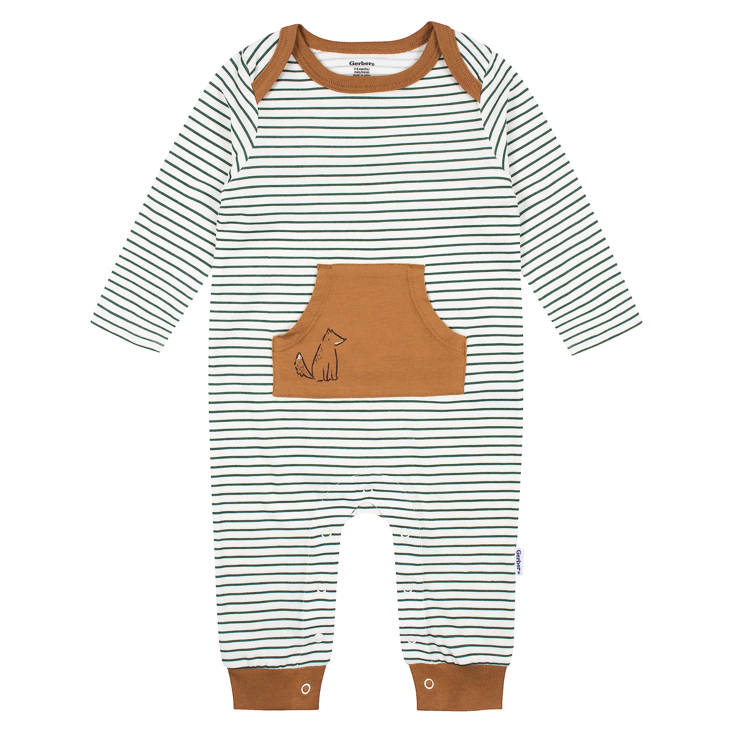 Gerber Baby Boys' 2-Pack Long Sleeve Jumpsuit, Green Fox, Newborn