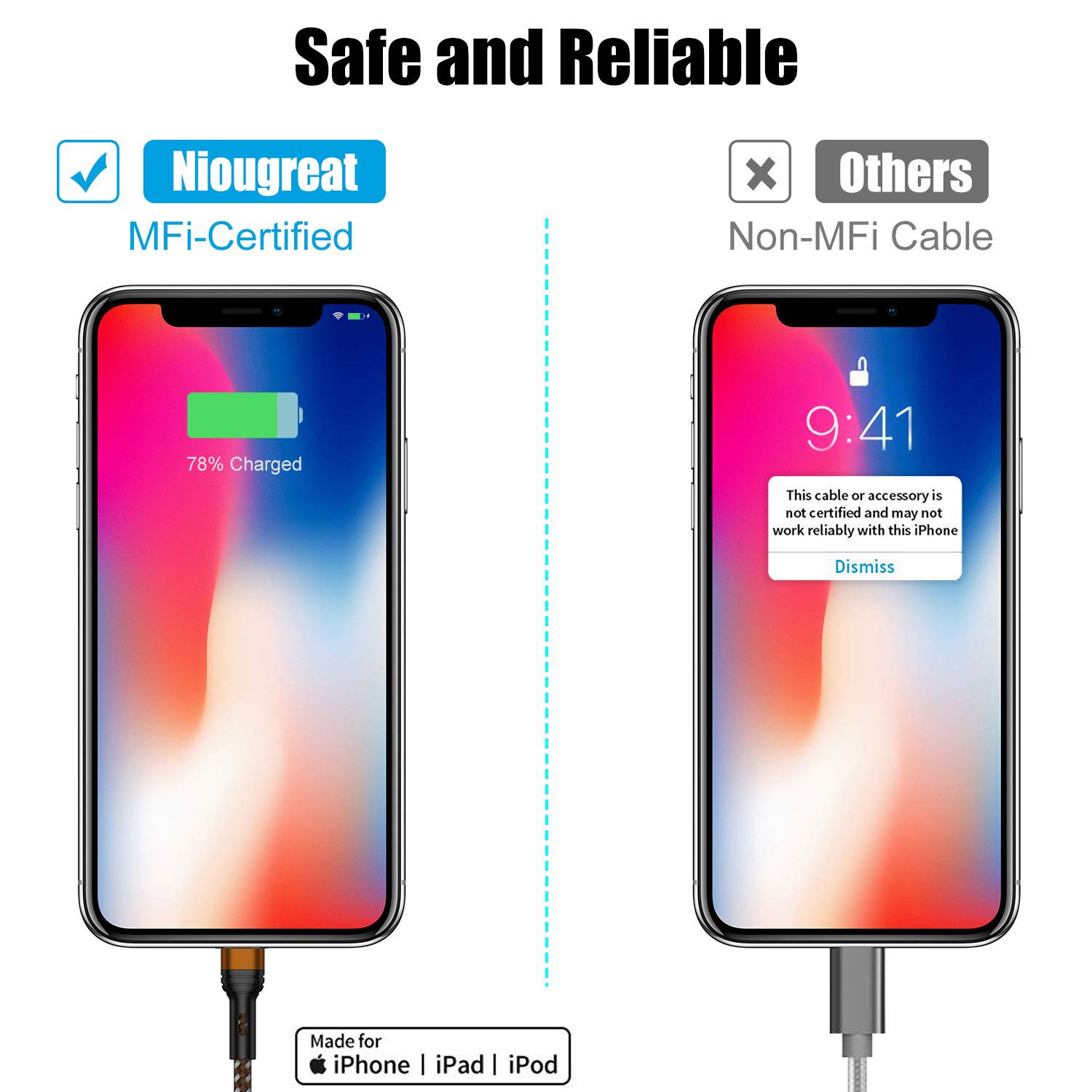 iPhone Charger,2Pack Long Lightning Cable 6ft,6 feet Nylon Braided Fast Charging Cord for Apple MFi Certified iPhone 14/13/12/11/Pro/Pro Max/SE/XS Max/XR/X/8/8 Plus/iPad(Brown)