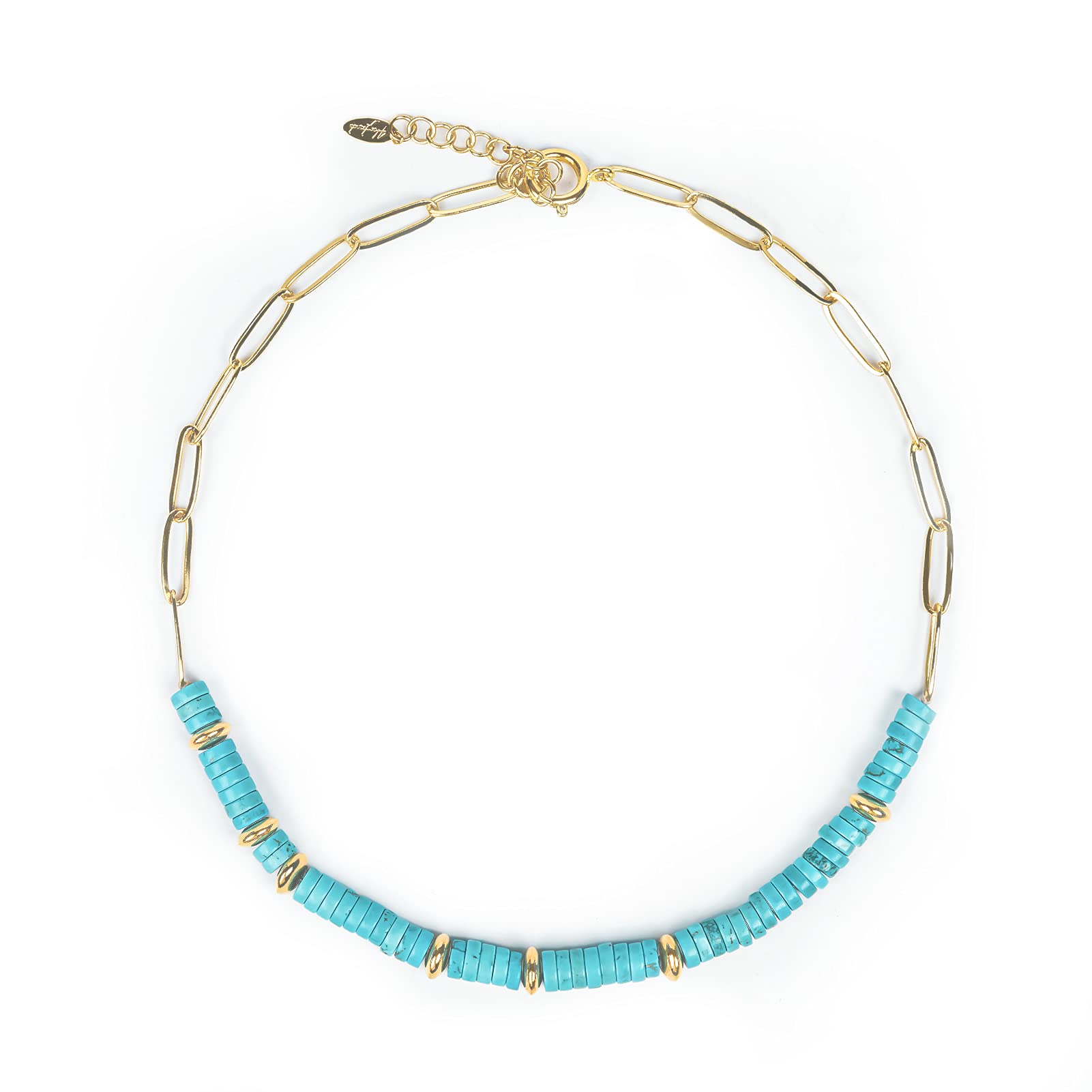 Emptizer Turquoise Necklace, Paperclip Chain Necklace for Women 18k Real Gold Plated, 16”+2