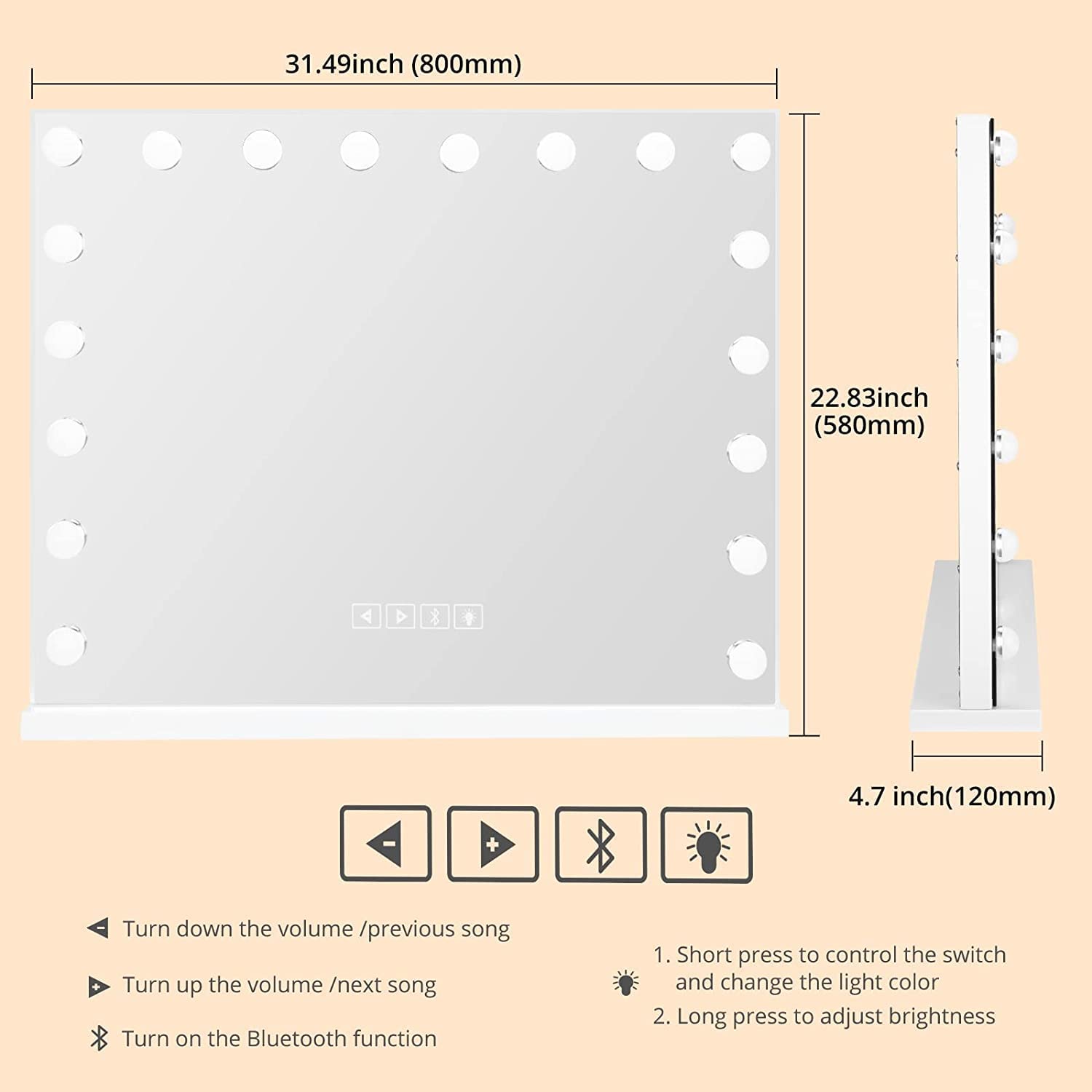 Large Hollywood Beauty Makeup Mirror with Bluetooth 18 LED Bulbs Large Lighting Cosmetic Vanity 3 Color Lighting Modes Makeup Mirror with USB Charging Port, Touchscreen, Tabletop & Wall-Mounted